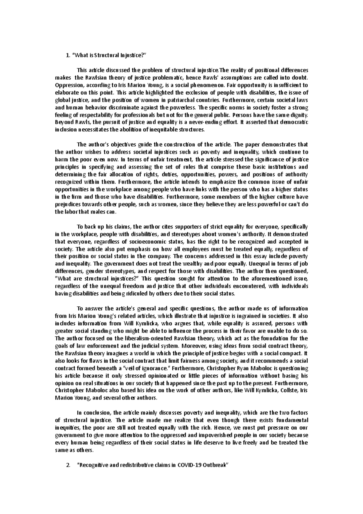 Article review - what is structural injustice, Recognitive and ...