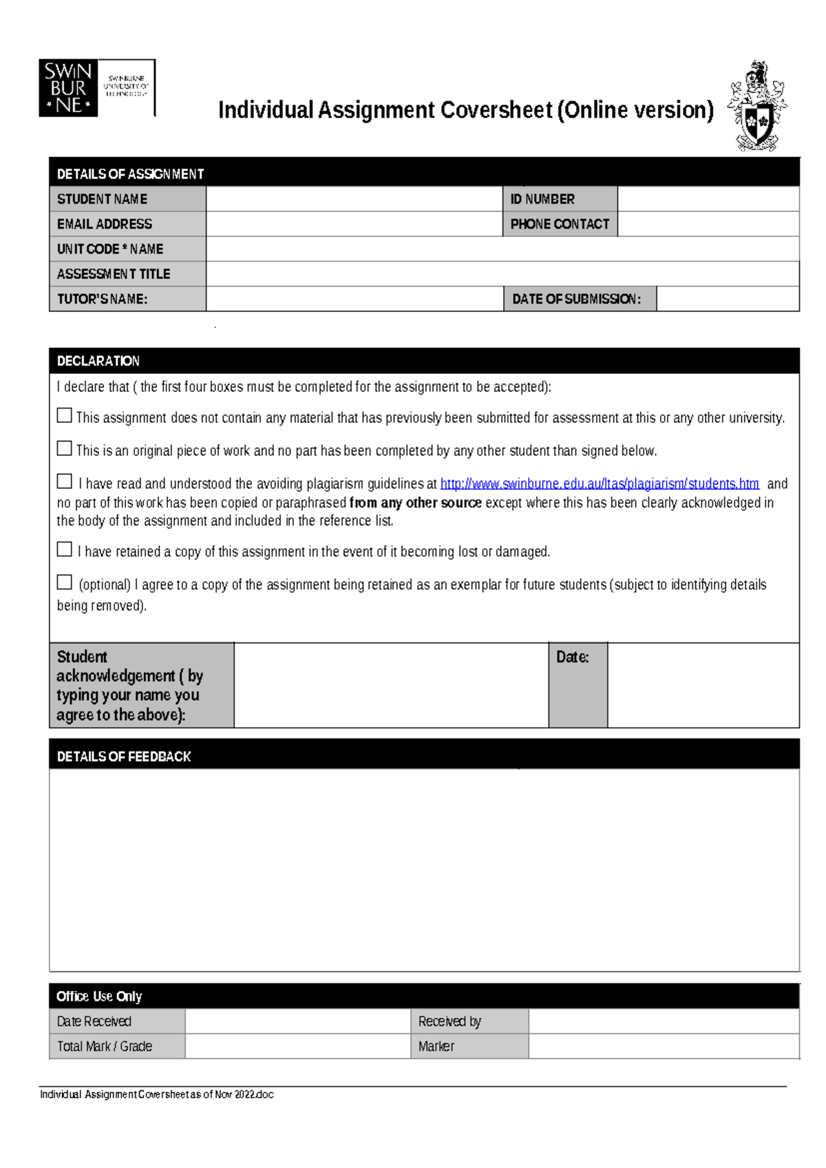 Details OF Assignment - gud luck - Individual Assignment Coversheet (Online version) DETAILS OF ...