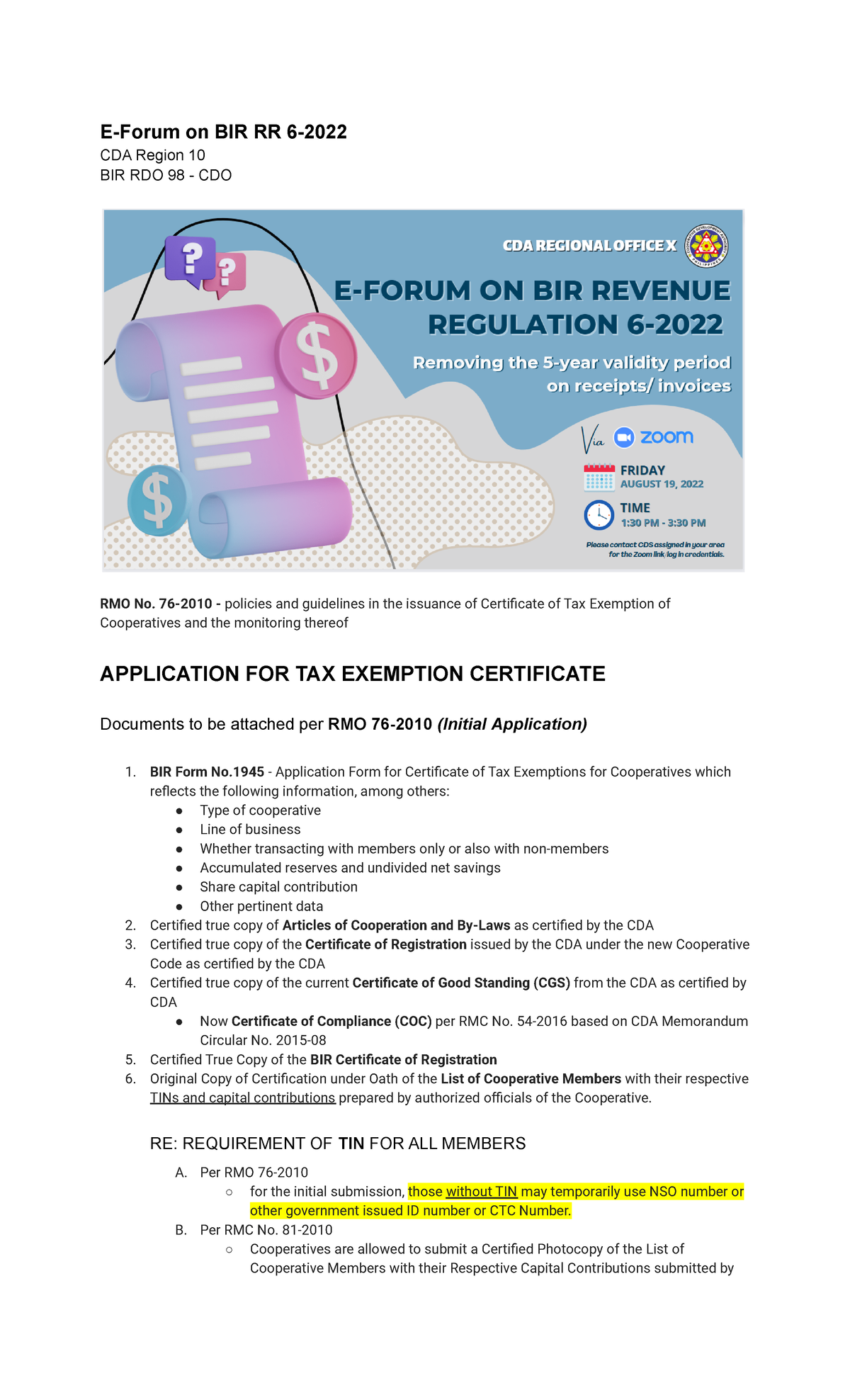 E-Forum on BIR RR 6-2022 - E-Forum on BIR RR 6- CDA Region 10 BIR RDO ...