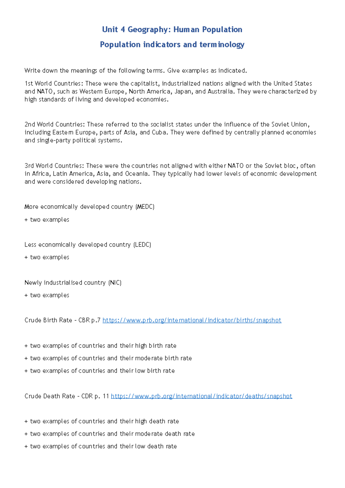 Population indicators - definitions and examples - Unit 4 Geography ...