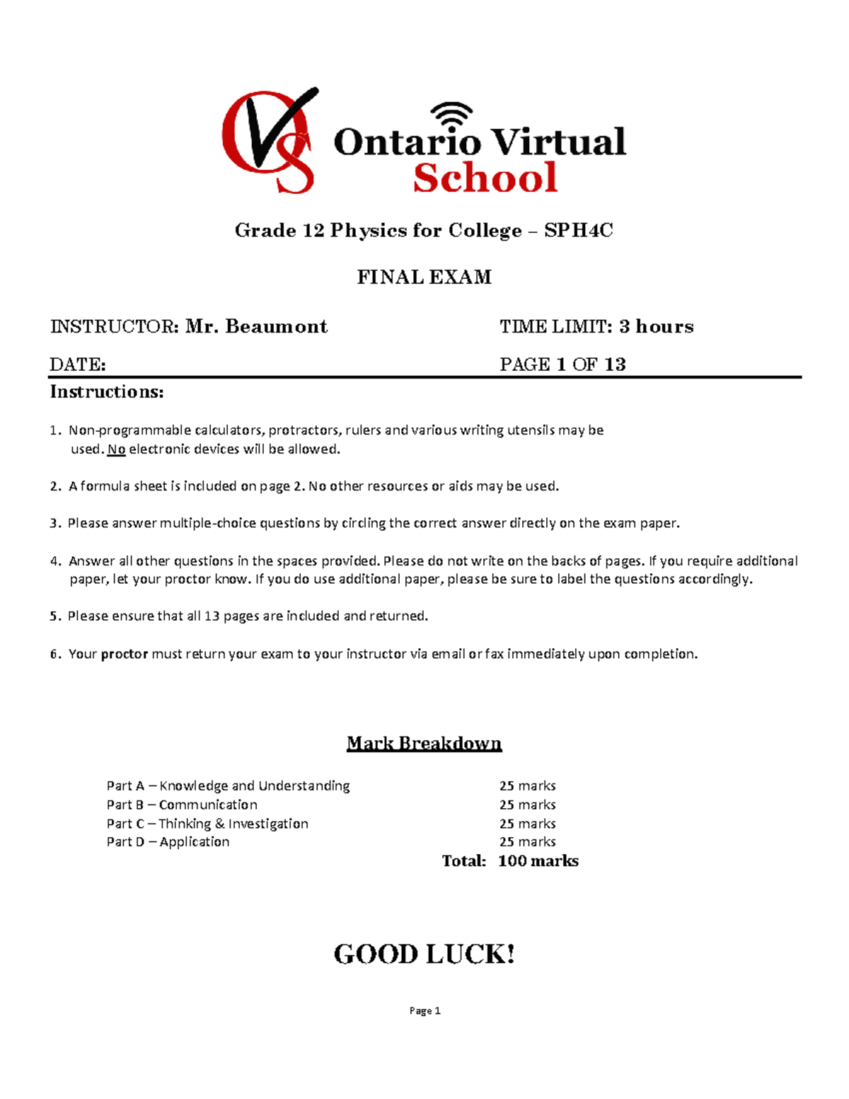 Beaumont SPH4C Exam - 09-21 - Grade 12 Physics for College – SPH4C ...