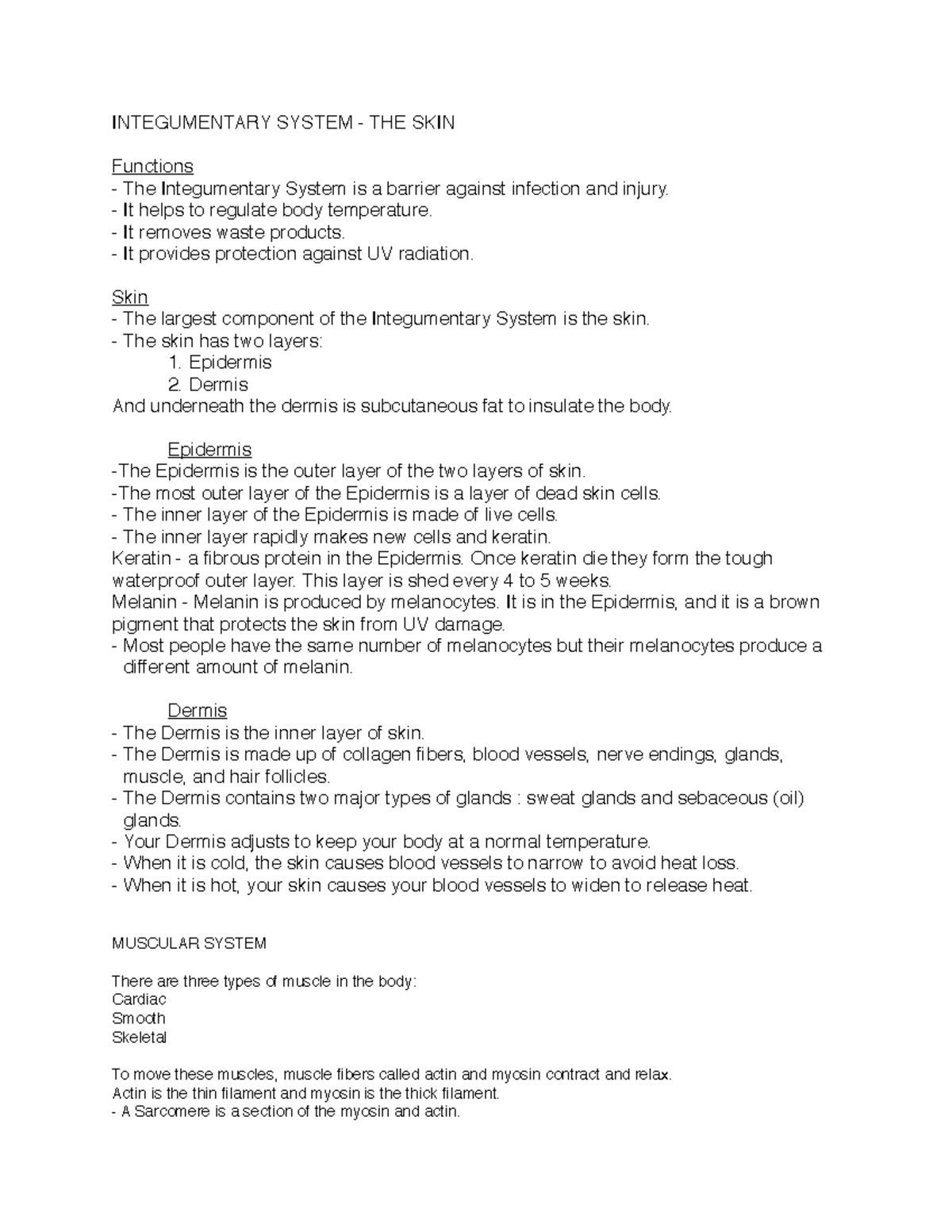 Integumentary System Notes - INTEGUMENTARY SYSTEM THE SKIN Functions ...