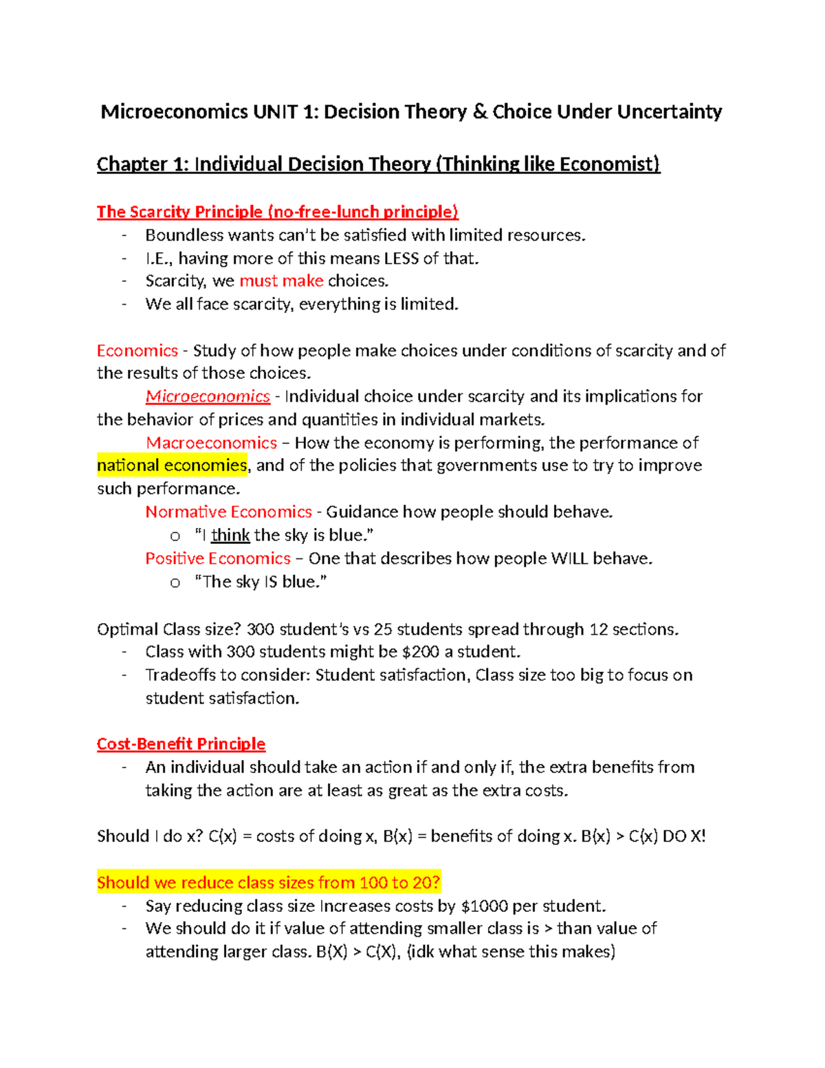 Micro Econ Chapter 1 - notes - Microeconomics UNIT 1: Decision Theory ...