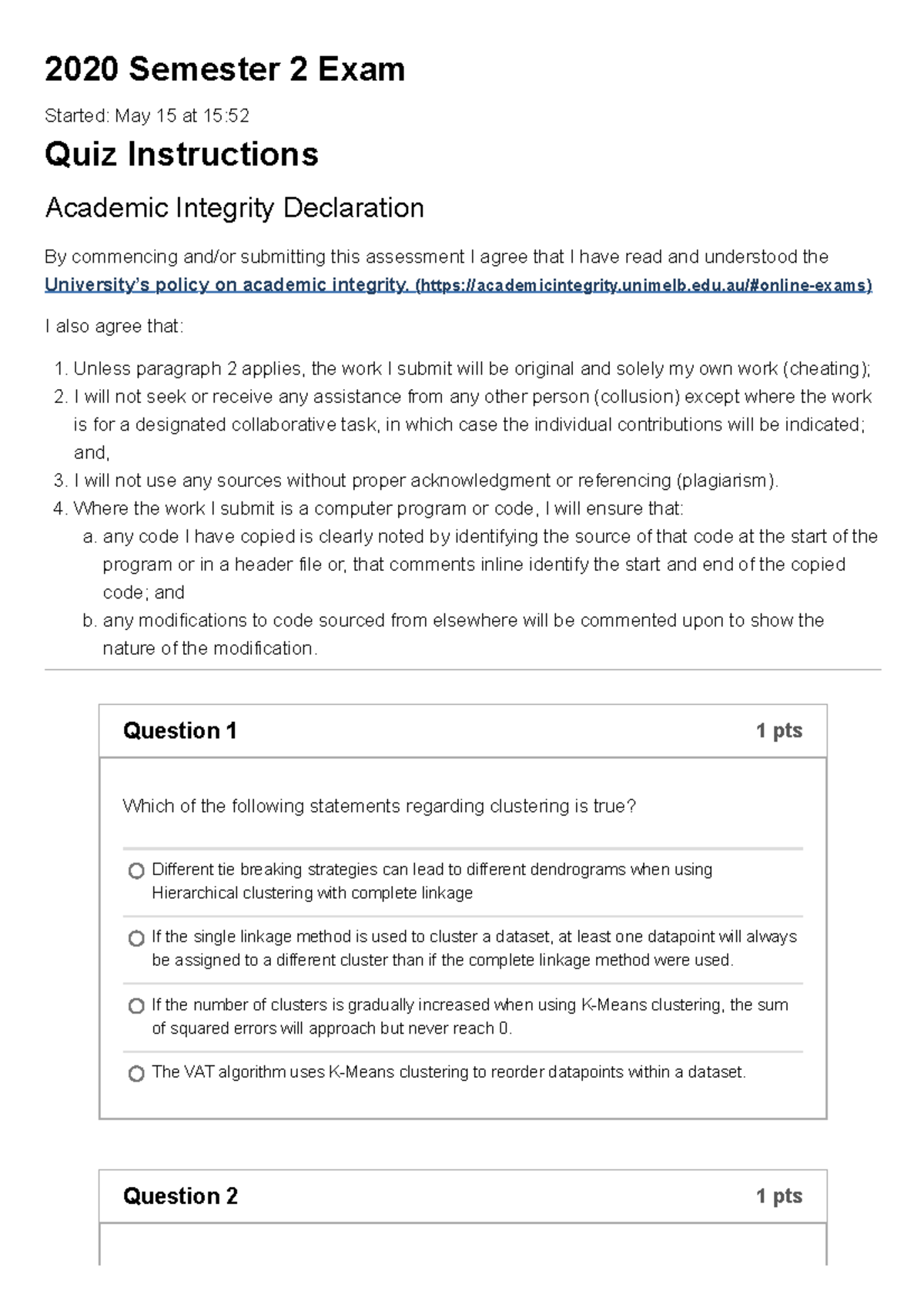 Quiz 2020 Semester 1 Exam - COMP20008 - Unimelb - Studocu