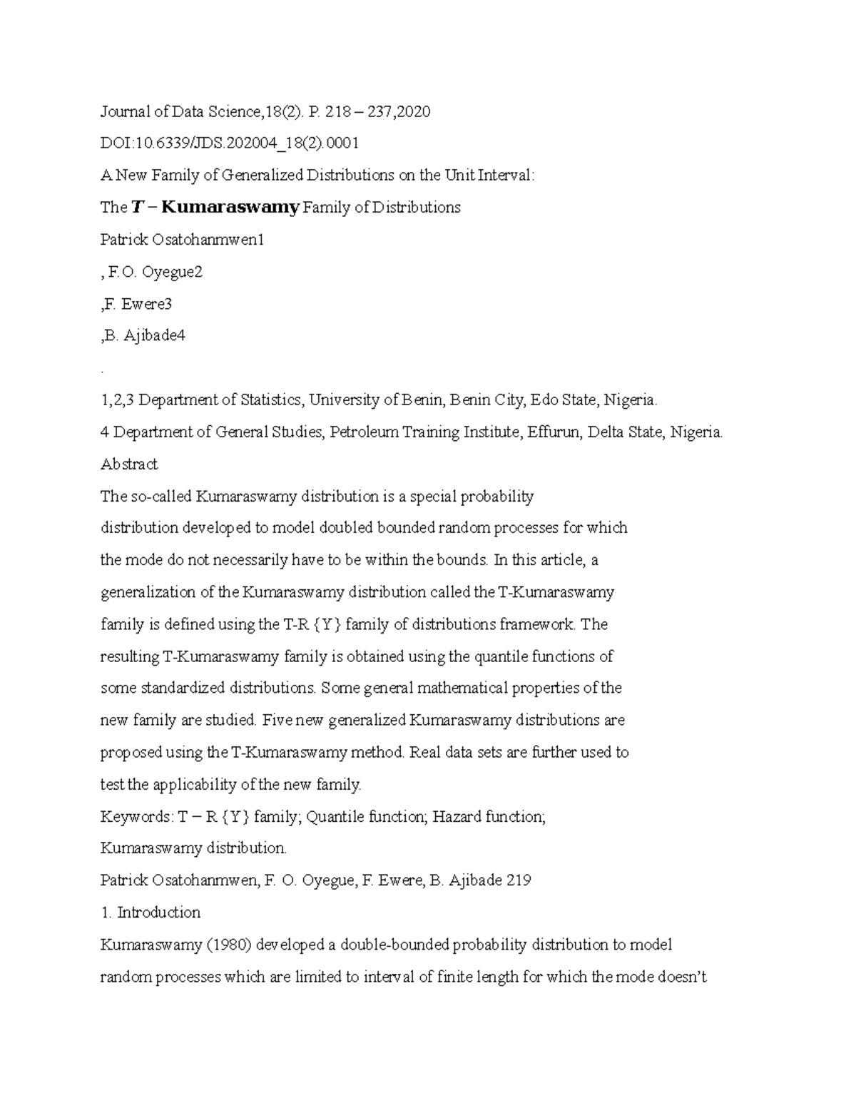 Journal of Data Science - Journal of Data Science,18(2). P. 218 – 237 ...