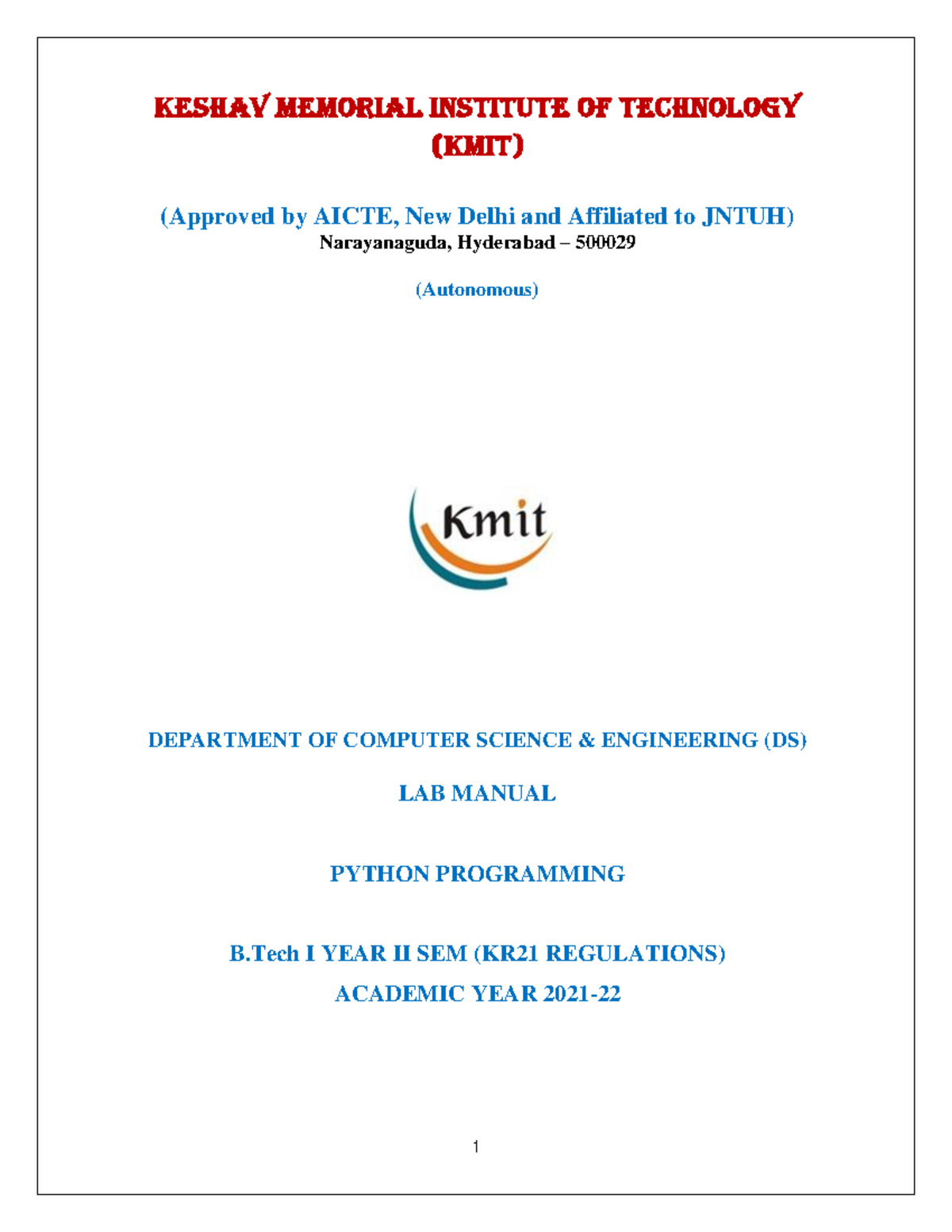 Python Prog Lab Manual KR21 - 1 KESHAV MEMORIAL INSTITUTE OF TECHNOLOGY (KMIT) (Approved by ...