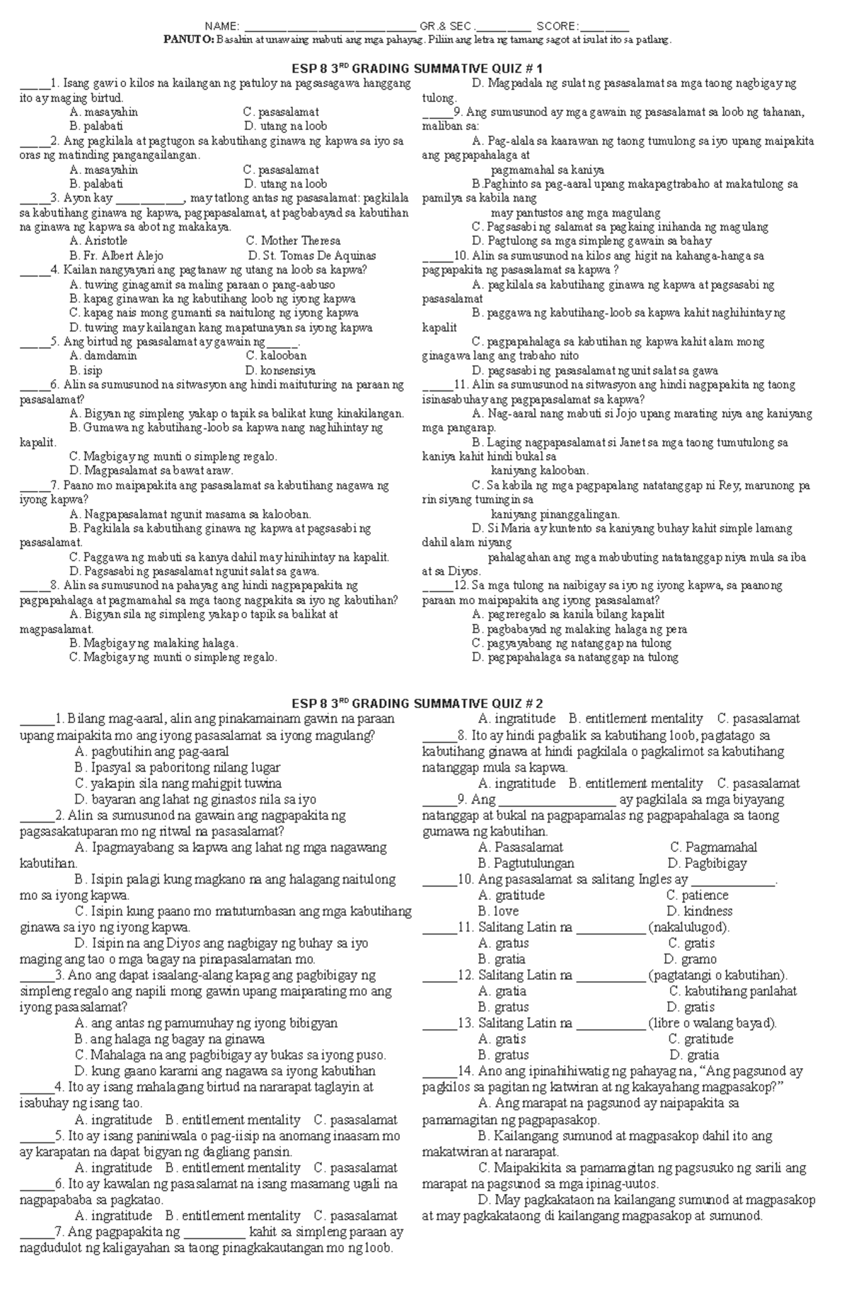 ESP 8 Summative QUIZ - NAME: ____________________________ GR.& SEC._________ SCORE ...