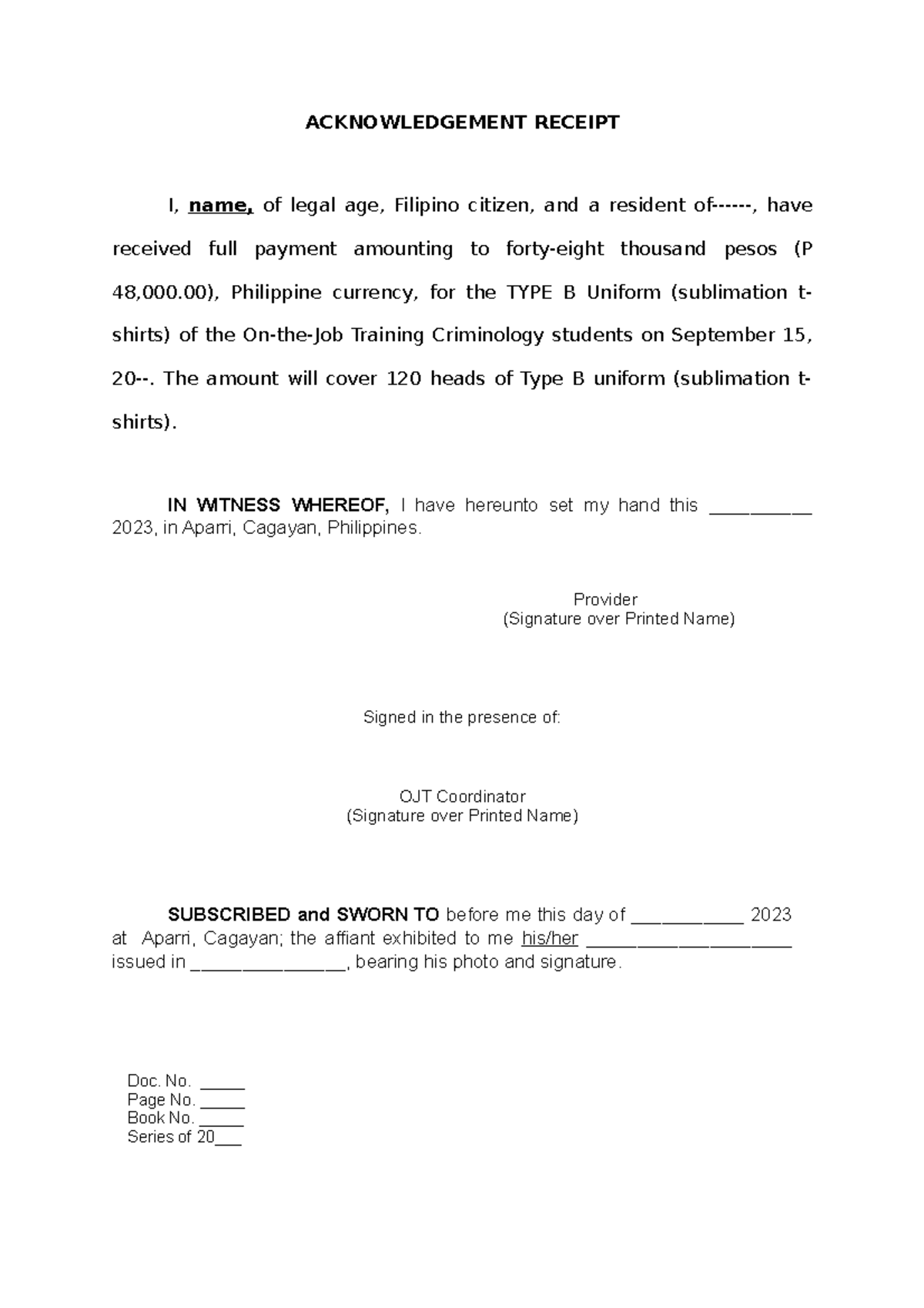 Acknowledgement Receipt - ACKNOWLEDGEMENT RECEIPT I, name, of legal age ...