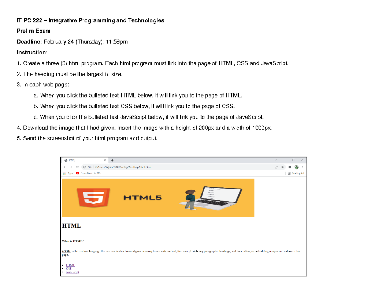 IT PC 222 Prelim Exam - This is a lecture - IT PC 222 – Integrative Programming and Technologies ...