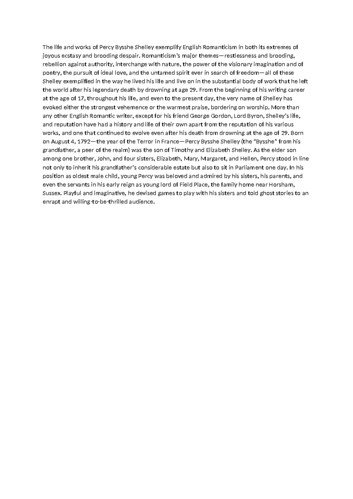 Percy Blysse Shelley - Romanticism’s major themes—restlessness and ...