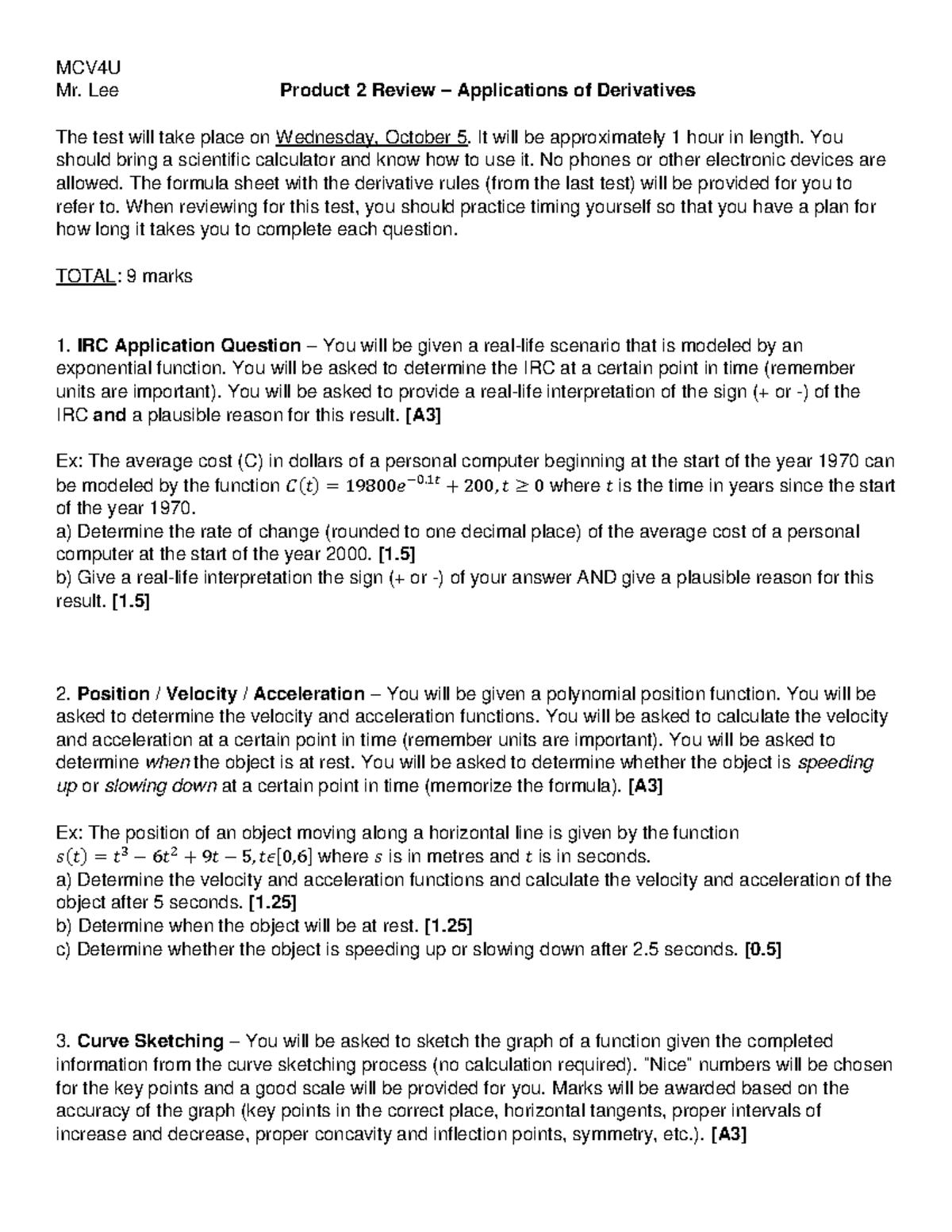 Product 2 Review - Applications of Derivatives - MCV4U Mr. Lee Product ...