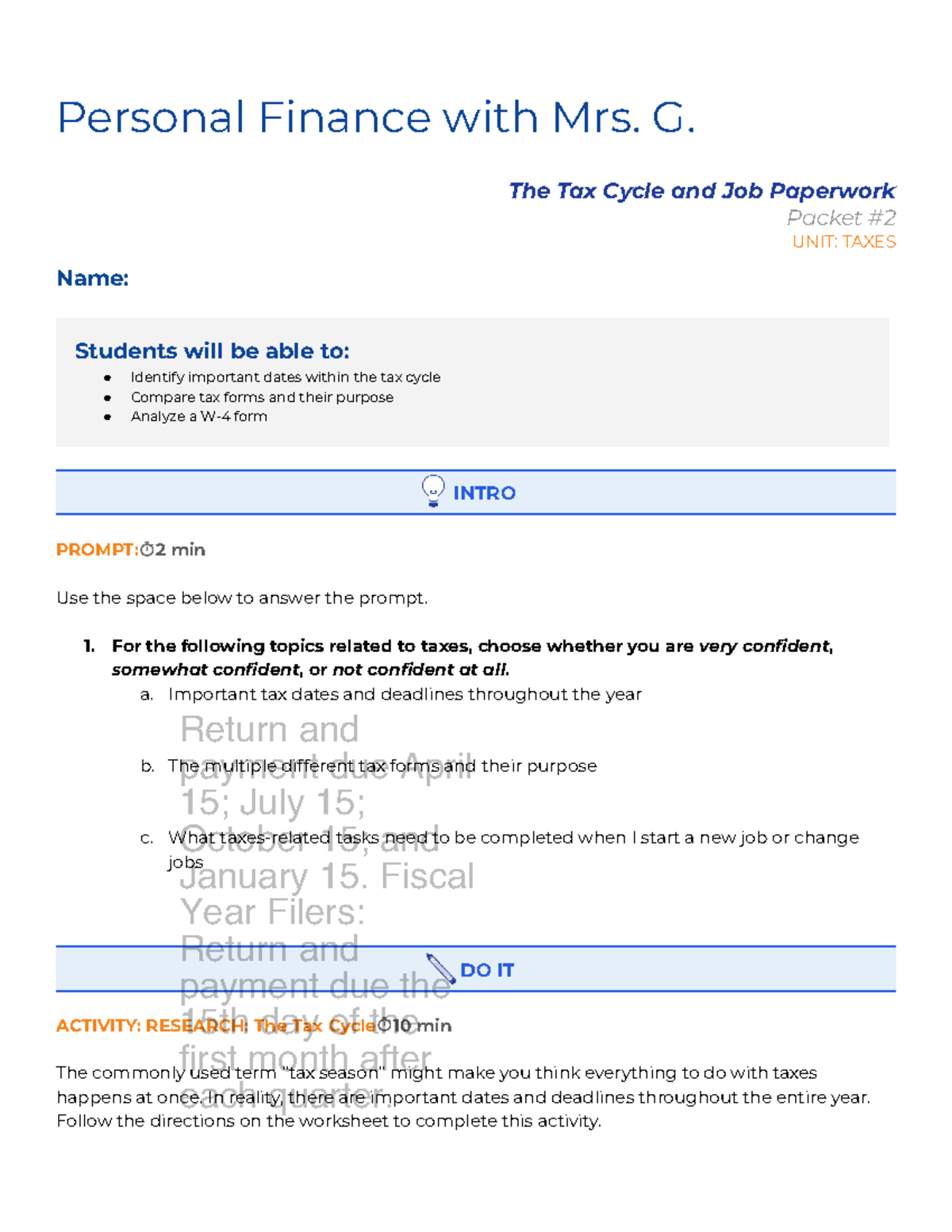 Edited – Tax Packet #2 - Personal Finance with Mrs. G. The Tax Cycle ...