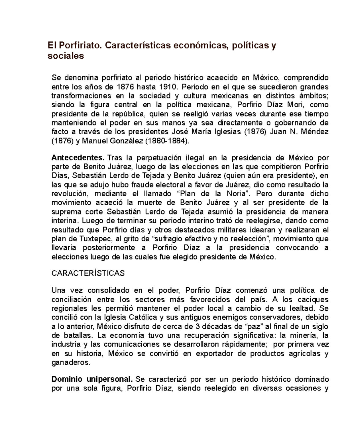 El Porfiriato Caracteristicas Porfiriato Characteristics - Educational ...