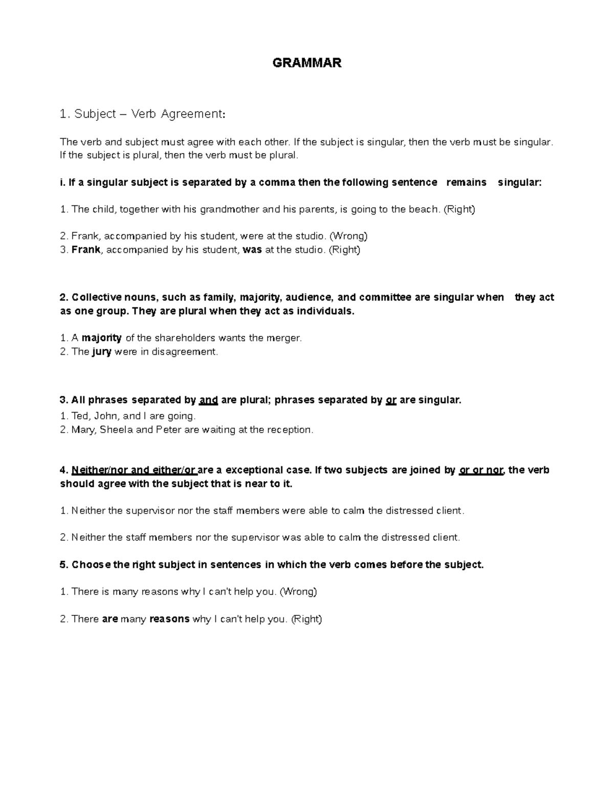 English Grammar - Subject – Verb Agreement: - GRAMMAR 1. Subject – Verb ...