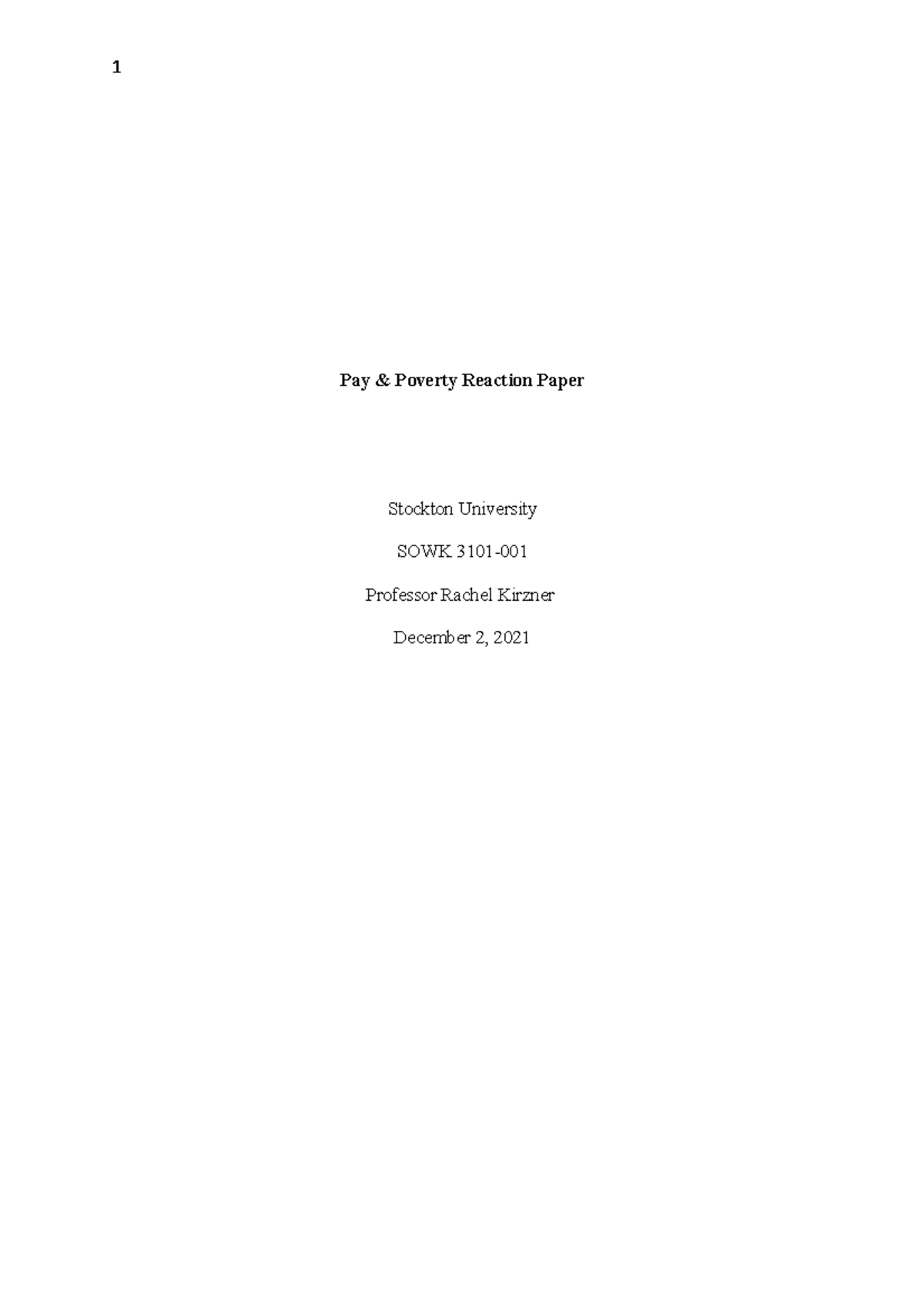 Pay & Poverty Reaction Paper - Pay & Poverty Reaction Paper Stockton ...