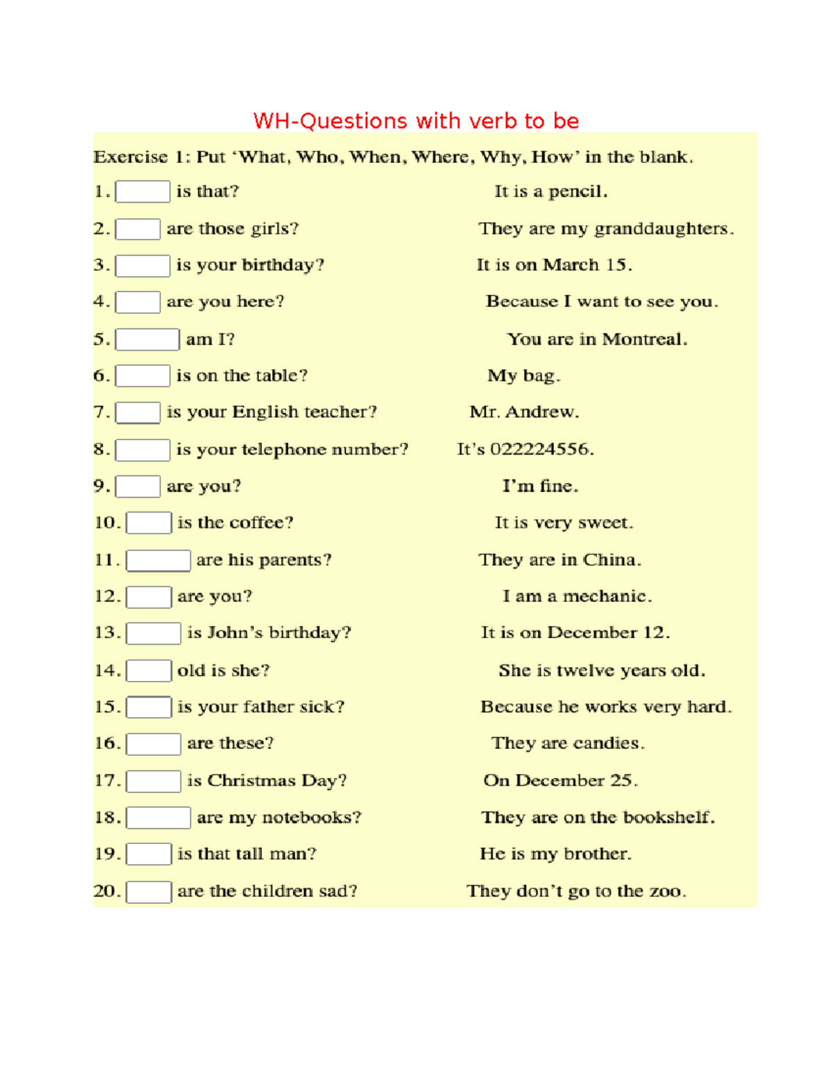 ( Exercise) Question words with verb to be - Ingles - WH-Questions with ...