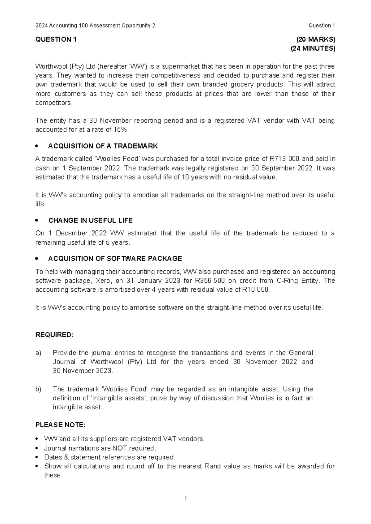 ACC100 AO2 Q1 2024 Final - QUESTION 1 (20 MARKS) (24 MINUTES) Worthwool ...