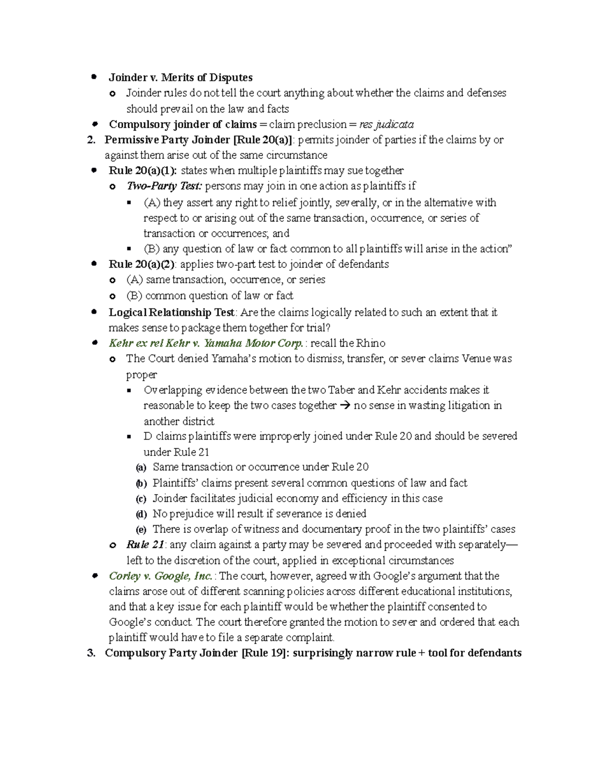 Civil procedure - Prof Coleman 2 - Joinder v. Merits of Disputes o ...
