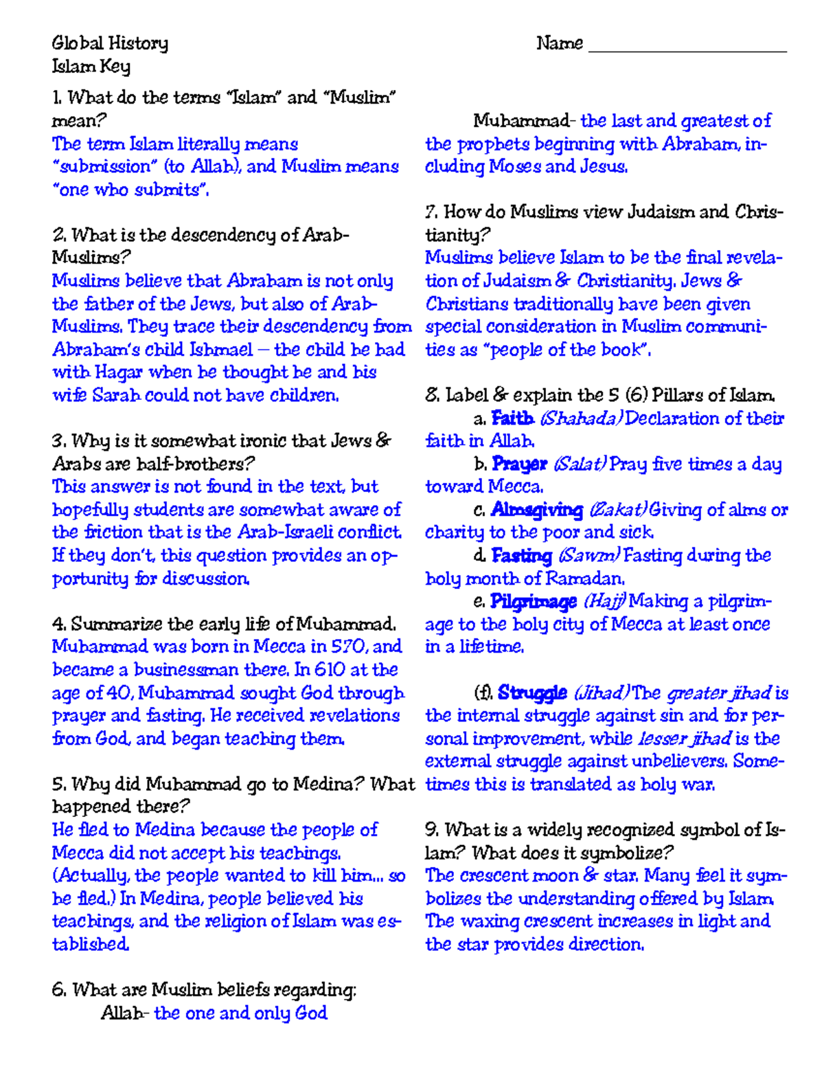 Islam Answer Key - What do the terms “Islam” and “Muslim” mean? The ...