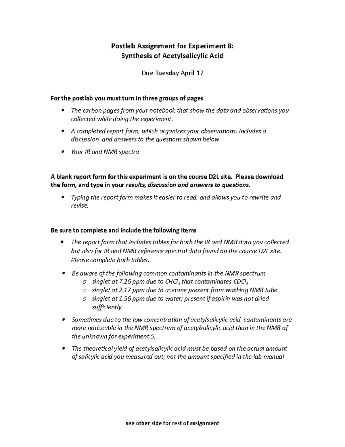 Acetylsalicylic acid Post Laboratory Report Student Guide - Postlab Assignment for Experiment 8 ...