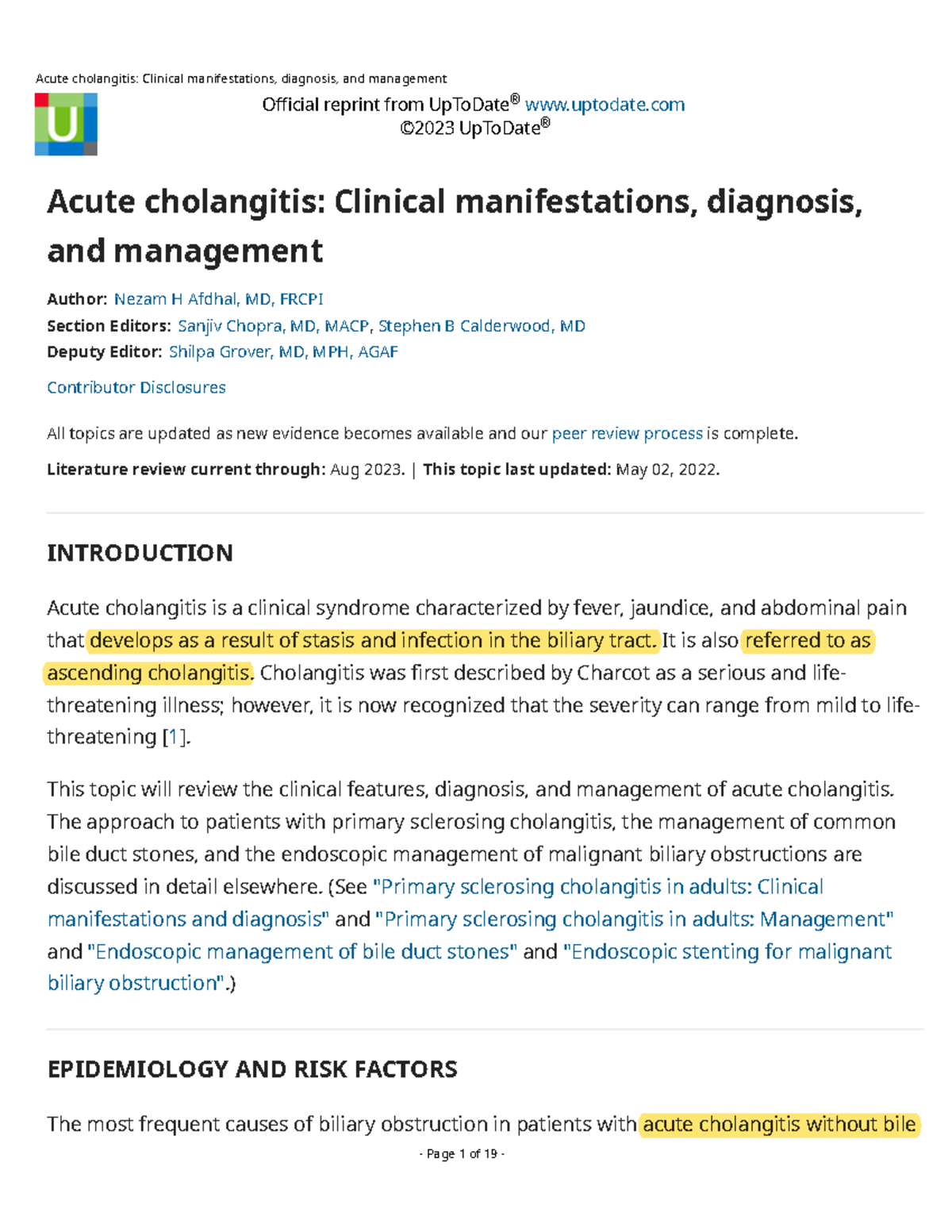 Acute cholangitis Clinical manifestations, diagnosis, and management ...