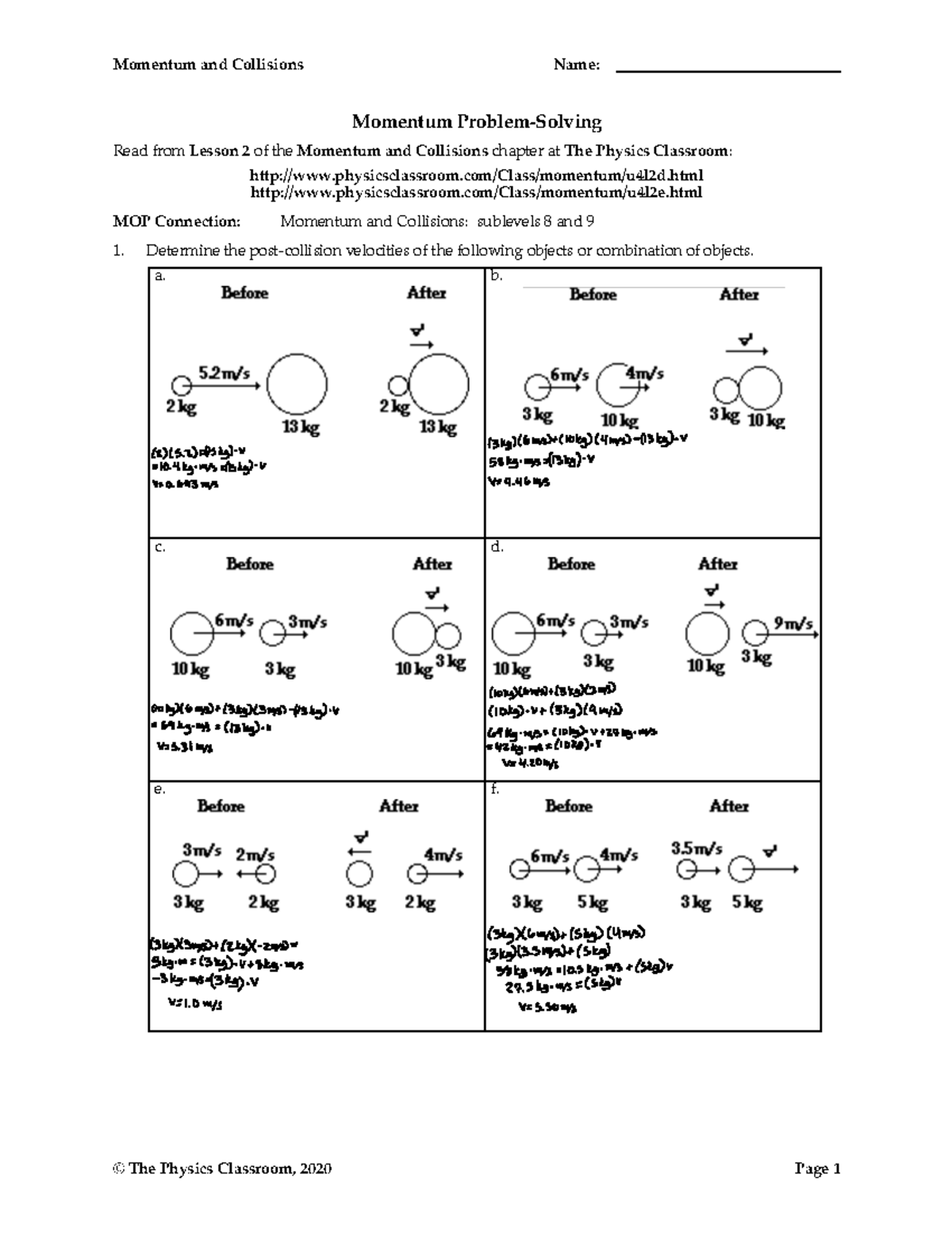 Mom6 - Practice for momentum - Momentum and Collisions Name: © The ...
