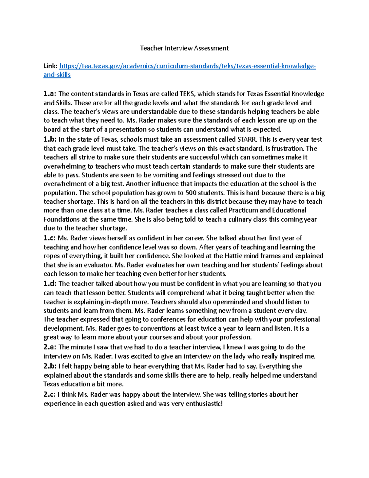 Teacher Interview Assessment - texas/academics/curriculum-standards ...
