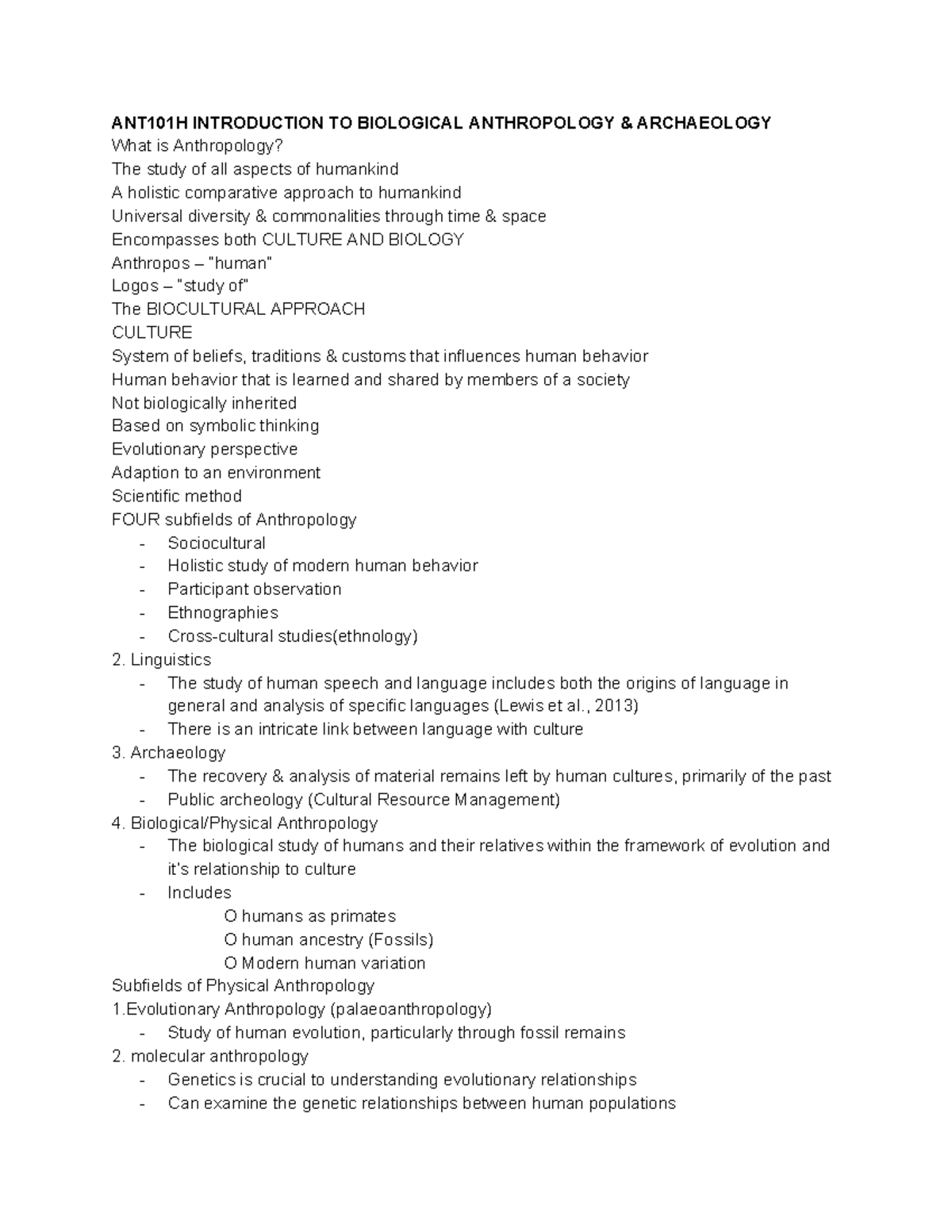 Anthropologies - Lecture notes beginning to end - ANT101H INTRODUCTION ...