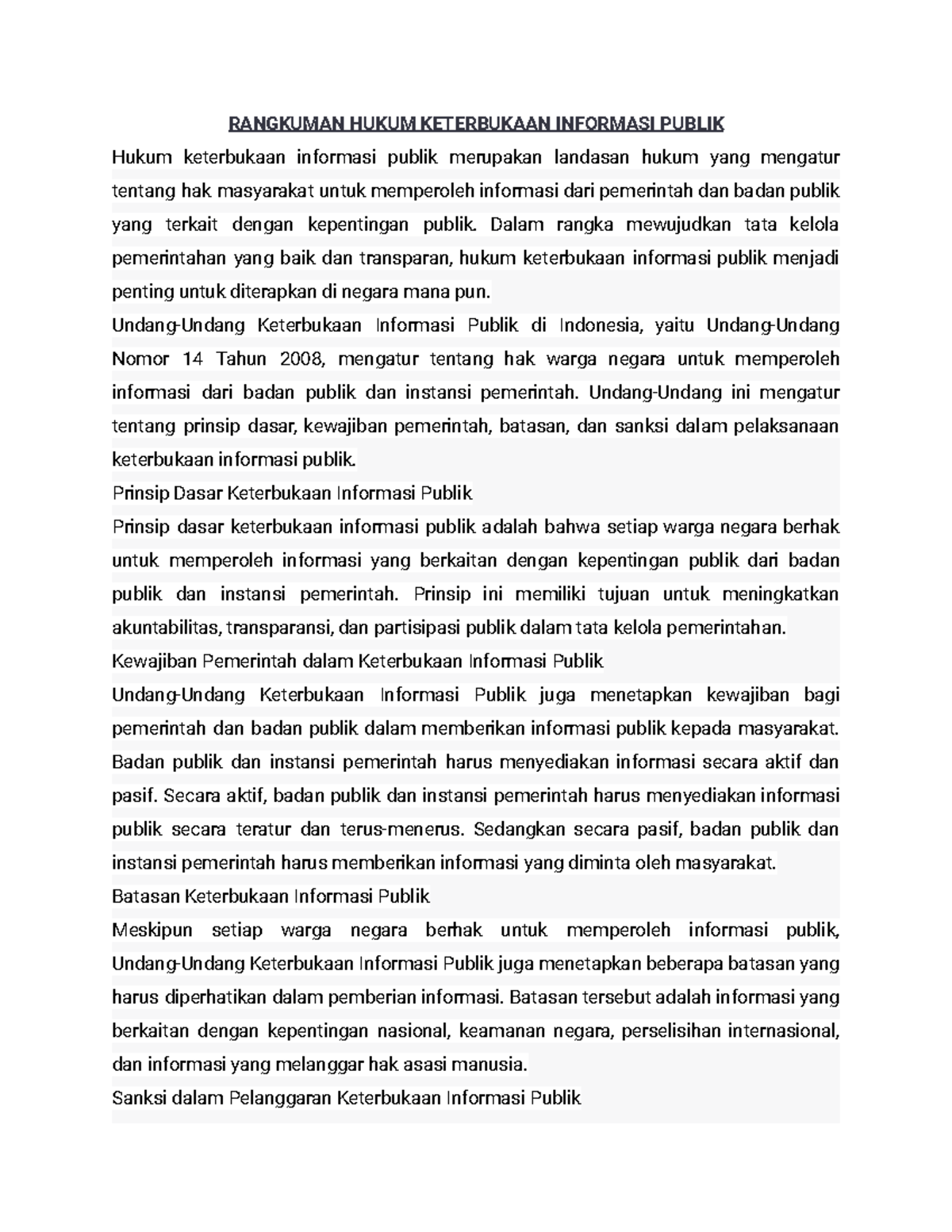 Rangkuman Hukum Keterbukaan Informasi Publik - RANGKUMAN HUKUM KETERBUKAAN INFORMASI PUBLIK ...
