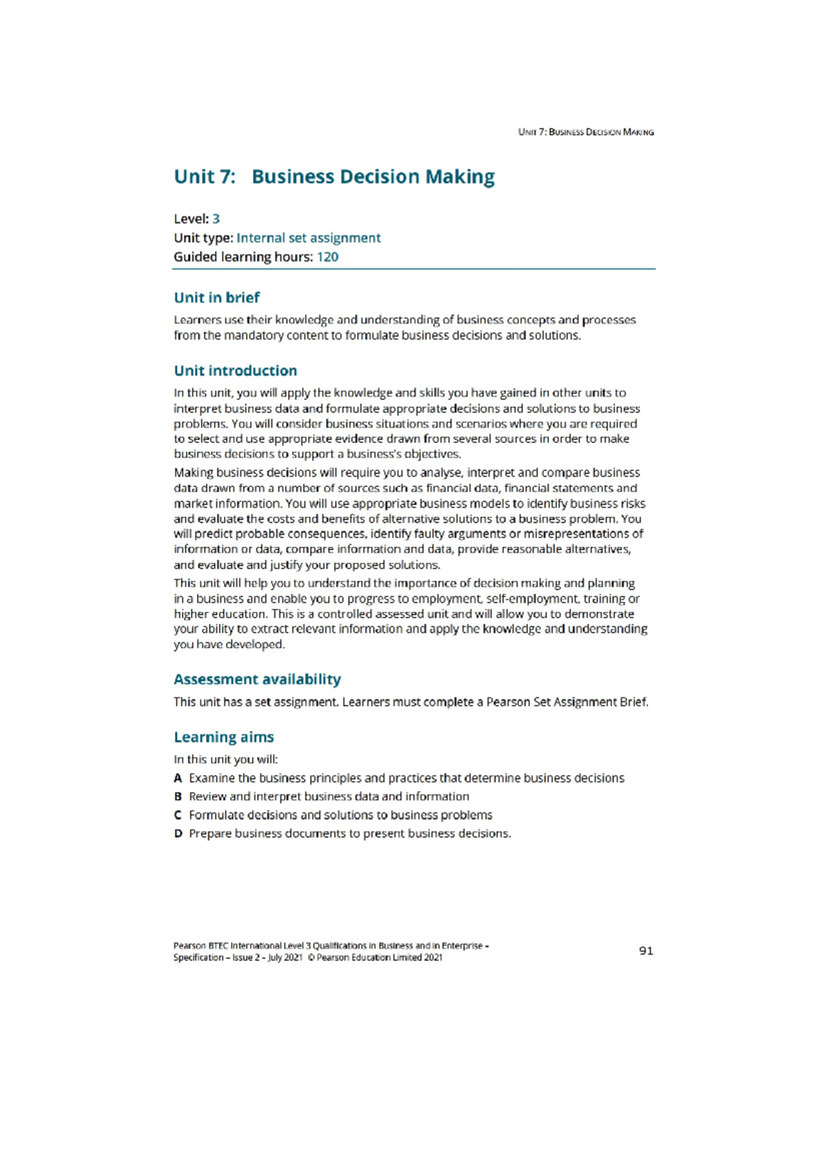 Unit 7 : - Textbook on UNIT 7 - Business decision making - Business Values and Ethics - Studocu