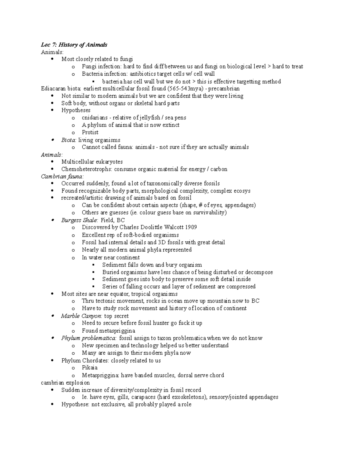 HIstory of LIfe - Lecture notes 7,8,9 - Lec 7: History of Animals ...
