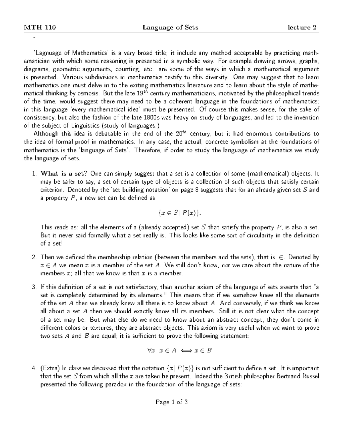 Lecture 2 - notes for MTH 110 - MTH 110 Language of Sets lecture 2 ...