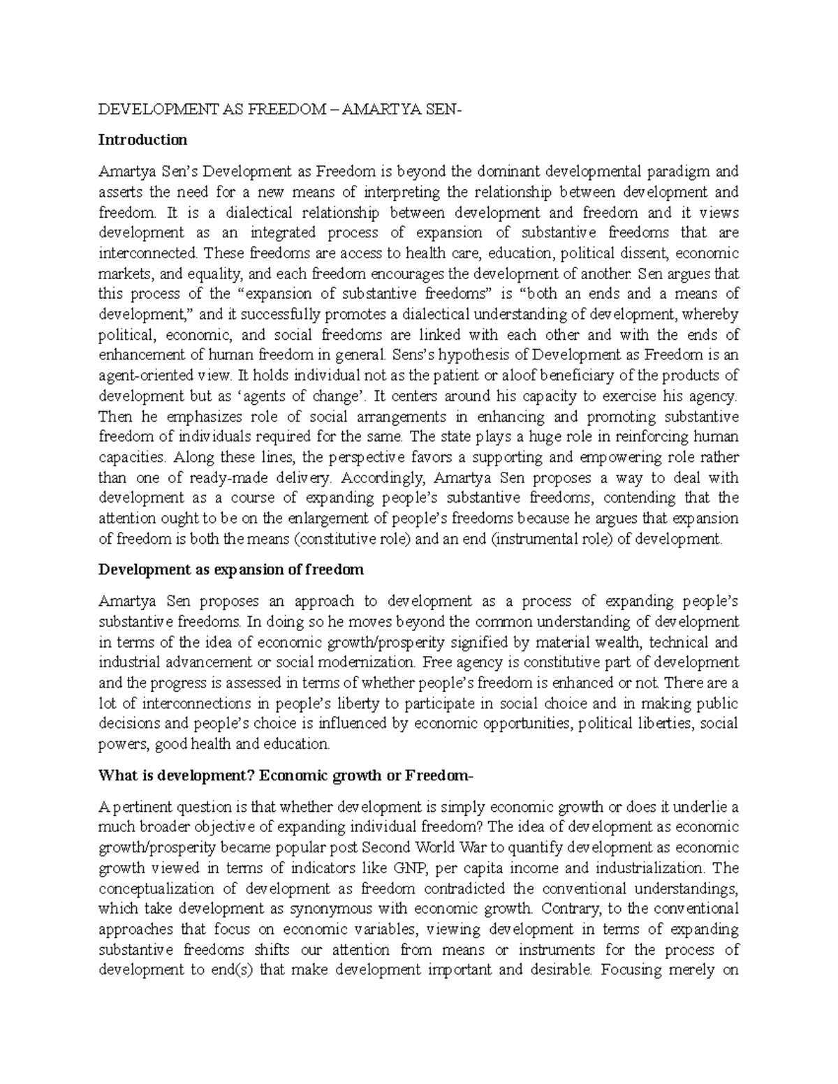 Development AS Freedom Amartya SEN - Political Processes And ...