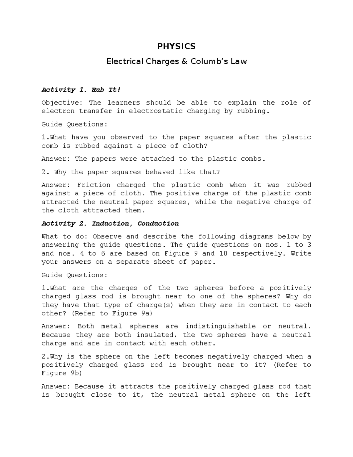 Physics - Assignment - PHYSICS Electrical Charges & Columb’s Law ...