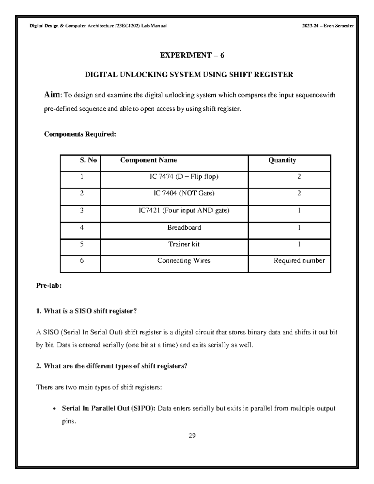 Experiment 6 - DDCA - EXPERIMENT – 6 DIGITAL UNLOCKING SYSTEM USING ...