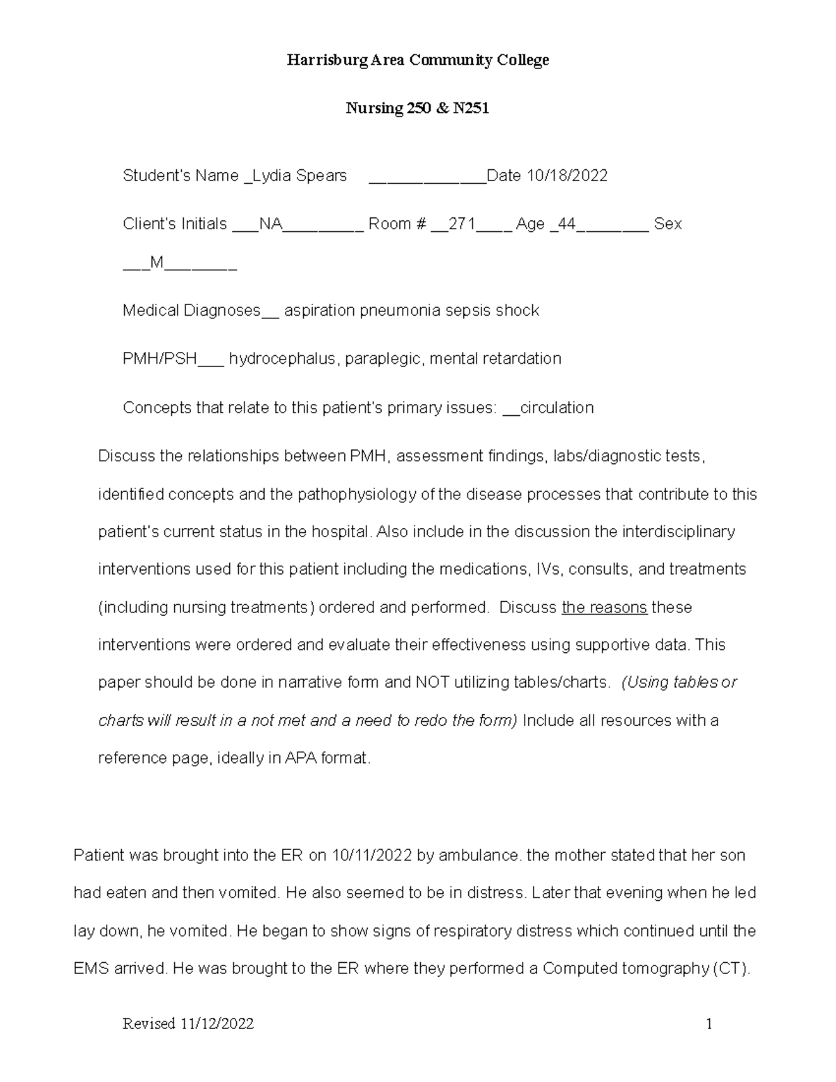Pathophysiology worksheet - Nursing 250 & N Student’s Name Lydia Spears ...