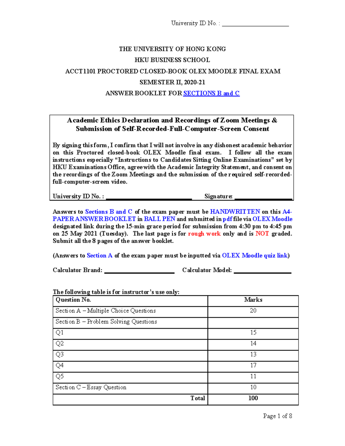 ACCT1101 Final Exam - Answer Booklet (Sections B and C) for Proctored ...