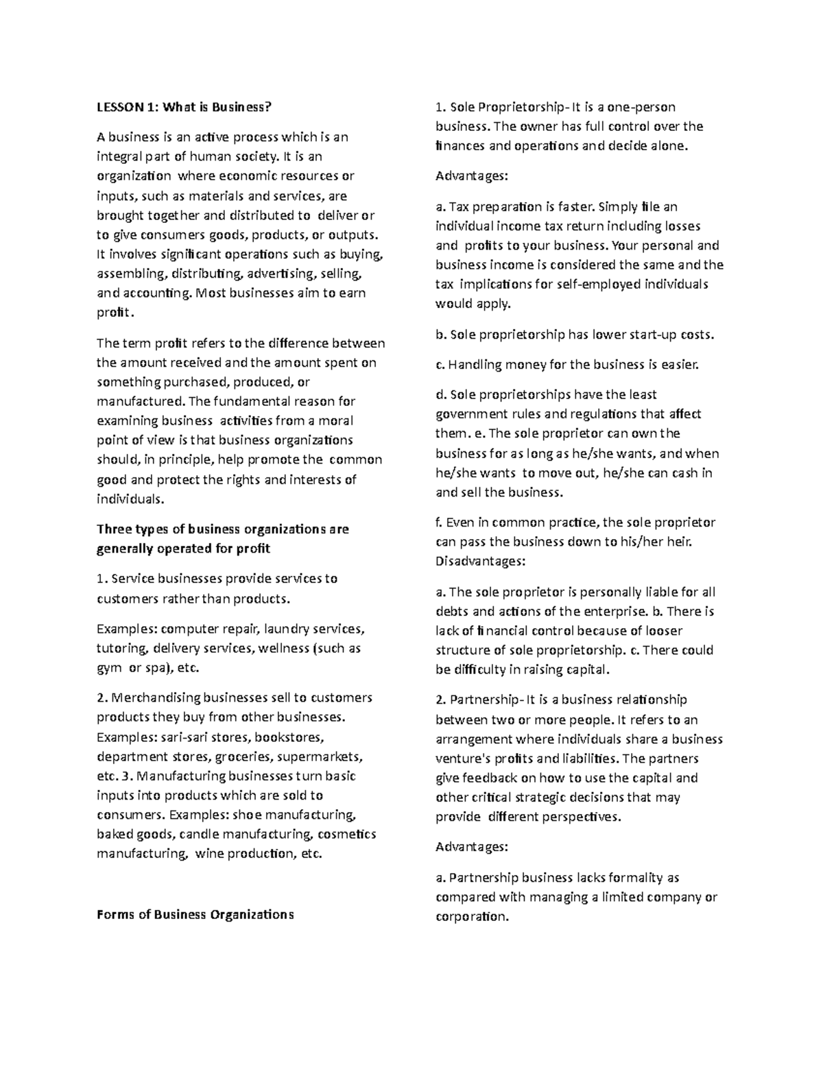 Lesson 1-2 buslog - Lecture notes 1-2 - LESSON 1: What is Business? A ...