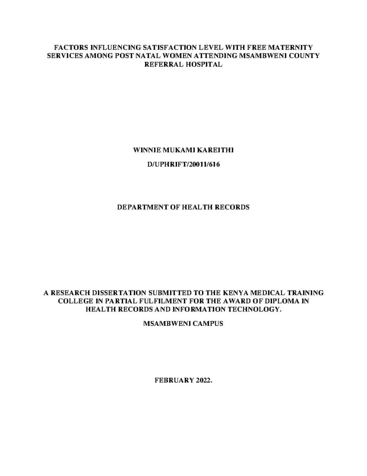 Winnie Mukami Kareithi - FACTORS INFLUENCING SATISFACTION LEVEL WITH ...