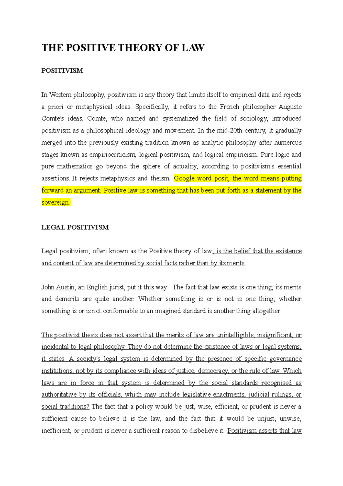 THE Positive Theory OF LAW - THE POSITIVE THEORY OF LAW POSITIVISM In ...