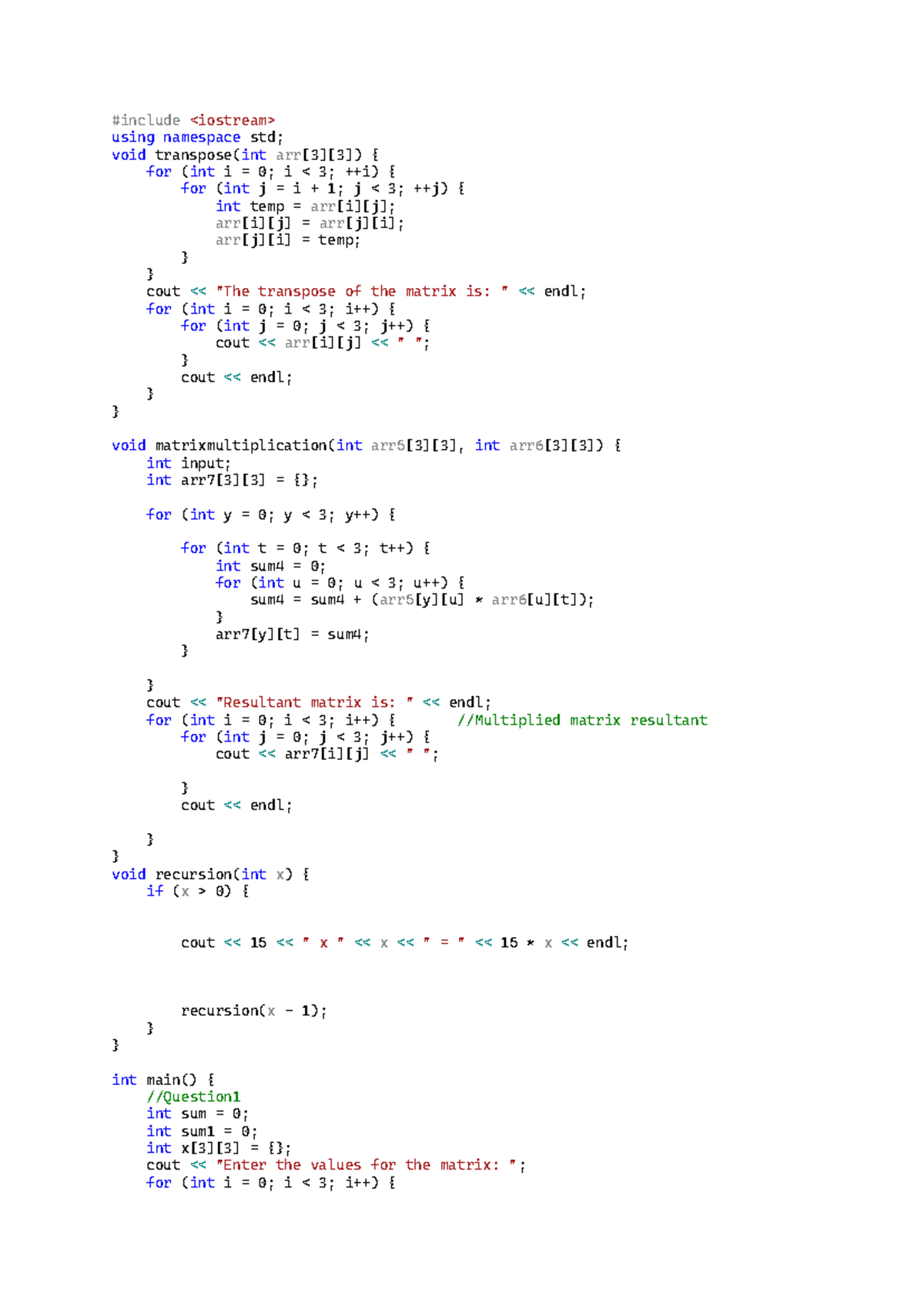 Lab Task 9 - #include using namespace std; void transpose(int arr[3][3]) { for (int - Studocu