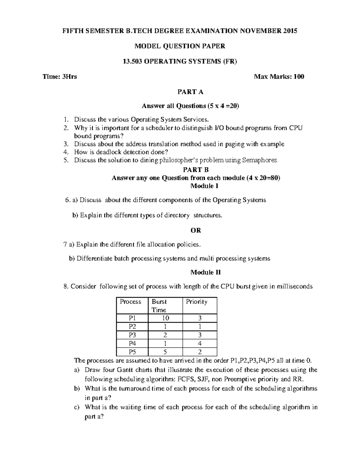 Operating Systems Question Paper 4 Fifth Semester B Degree Examination November 2015 Model