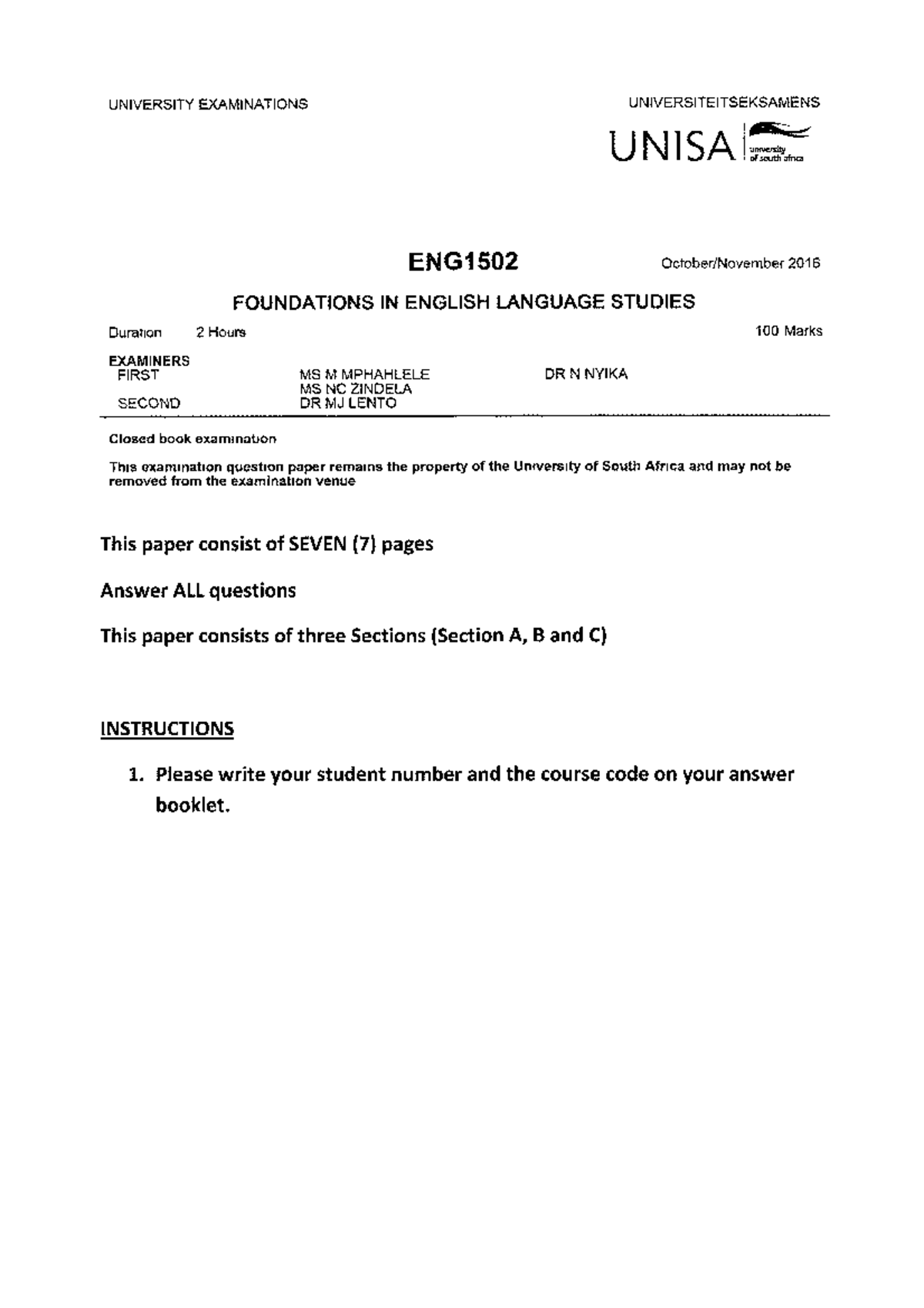 ENG1502 2016 10 E 1 - Practice exam - ENG1502 - Studocu