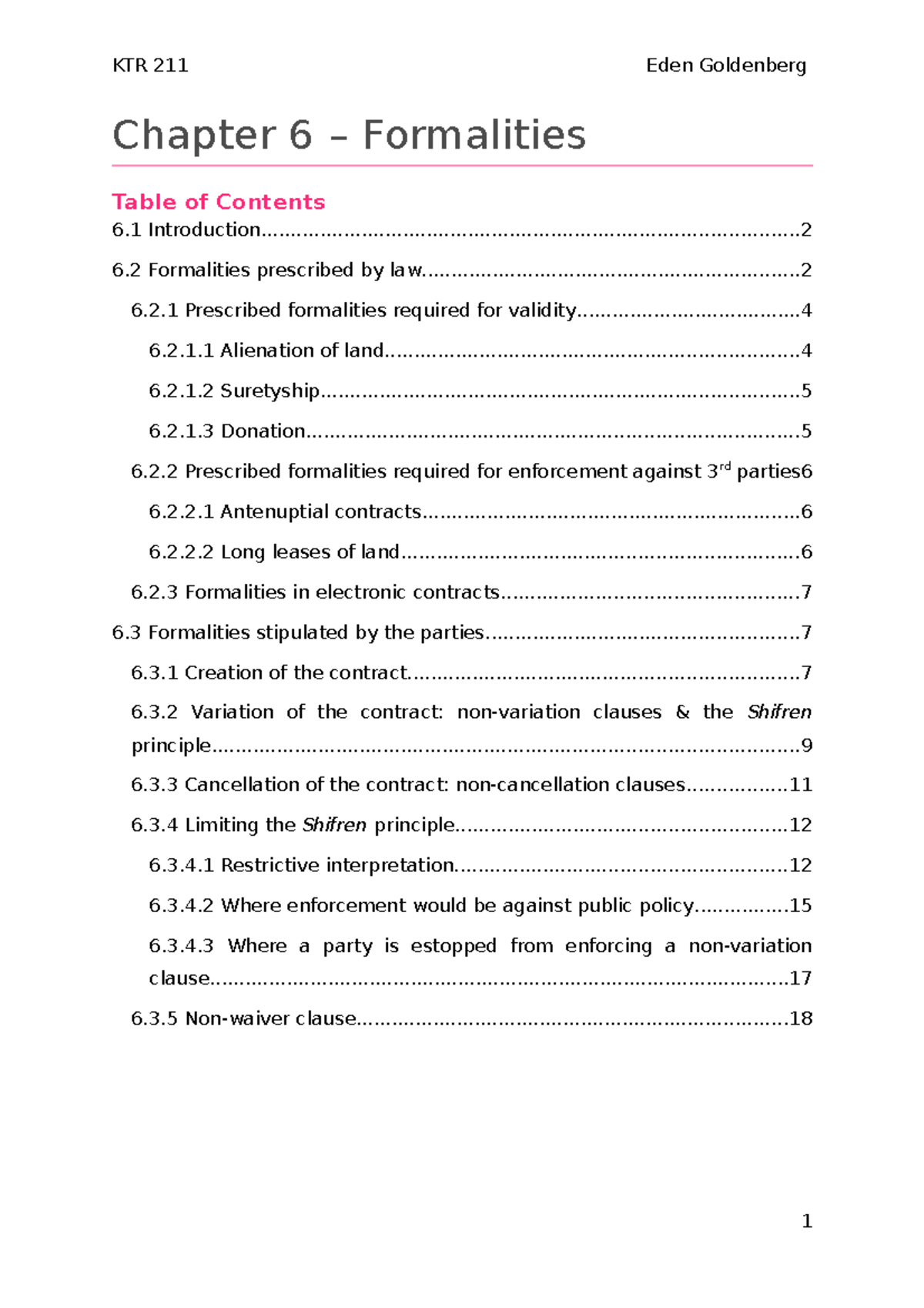 KTR Chapter 6 - KTR 211 Eden Goldenberg Chapter 6 Formalities Table of Contents 6 - Studocu