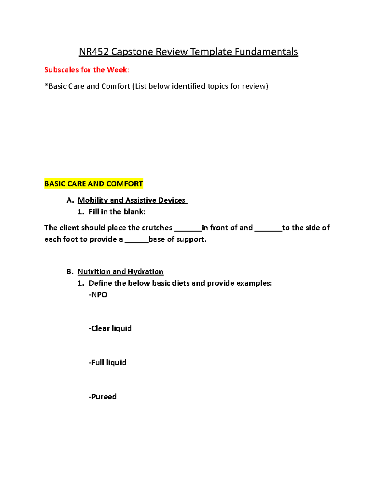NR452 Capstone Review Template Funds - NR452 Capstone Review Template Fundamentals Subscales for ...