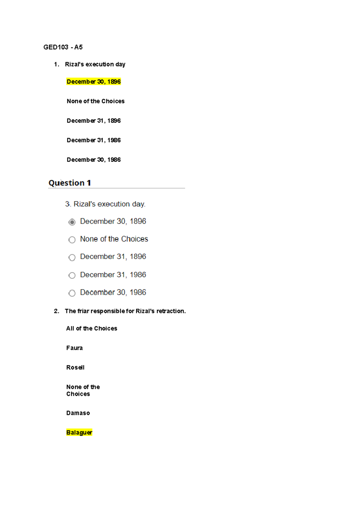 GED - Test - GED103 - A Rizal's execution day December 30, 1896 None of ...