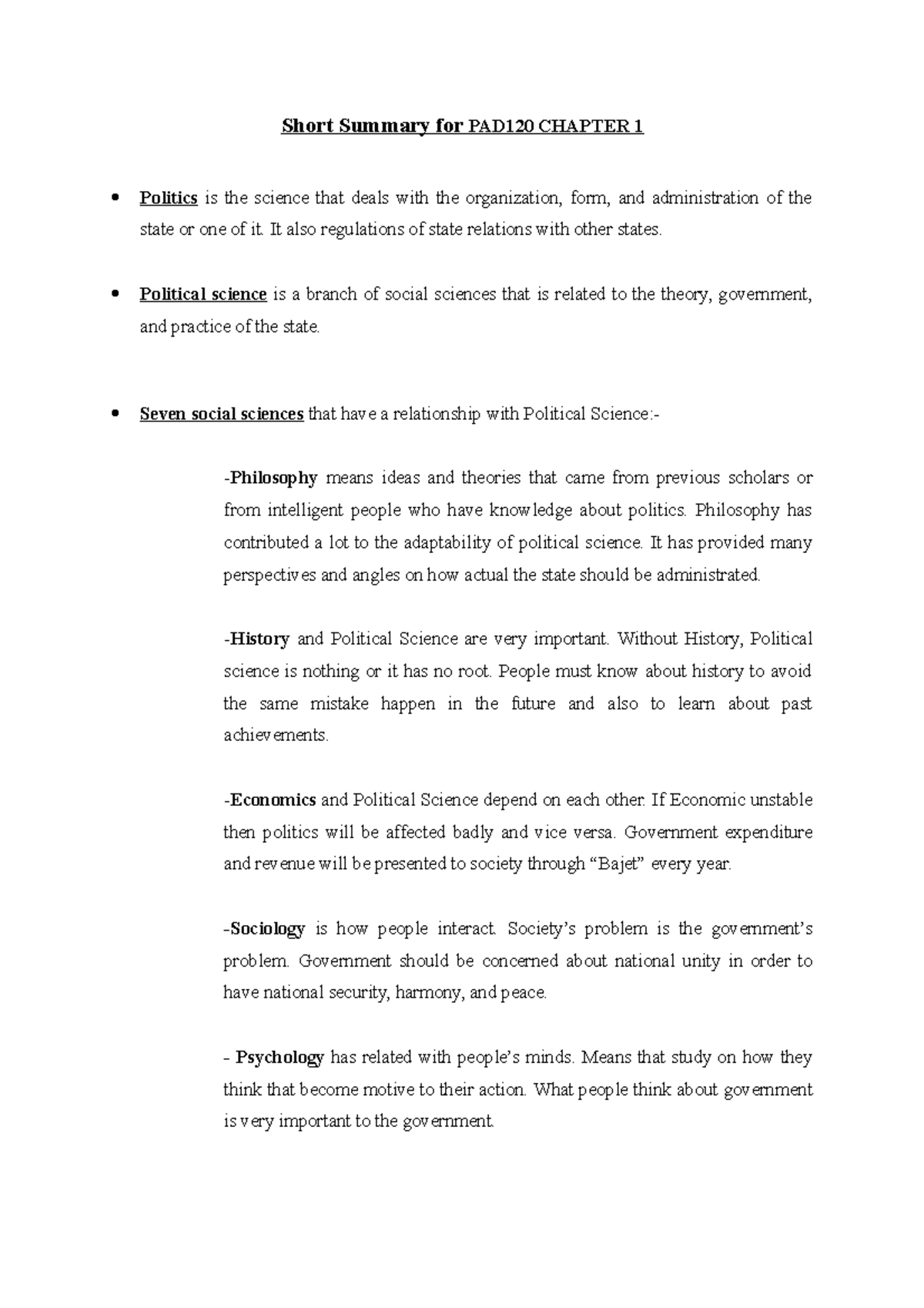 Summary Chapter 1 PAD 120 - Short Summary for PAD120 CHAPTER 1 Politics ...