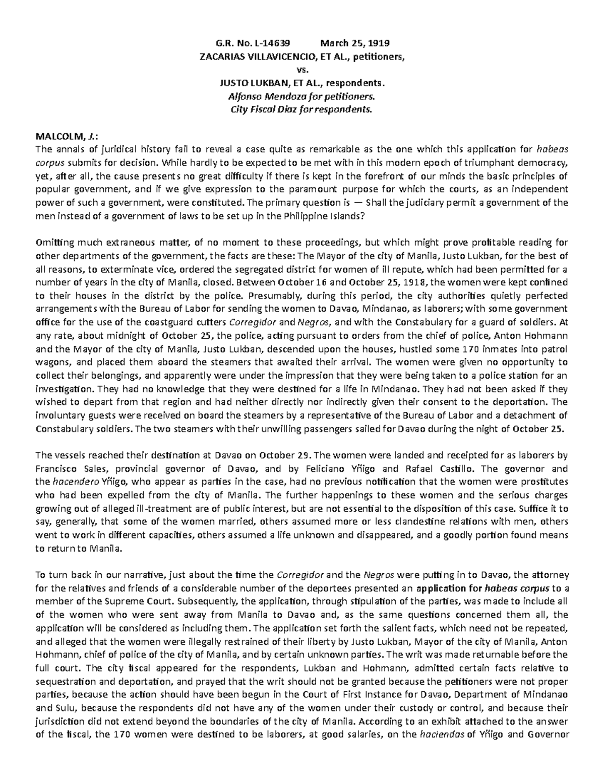 Topic: Expulsion Villavicencio vs Lukban Case - G. No. L-14639 March 25 ...