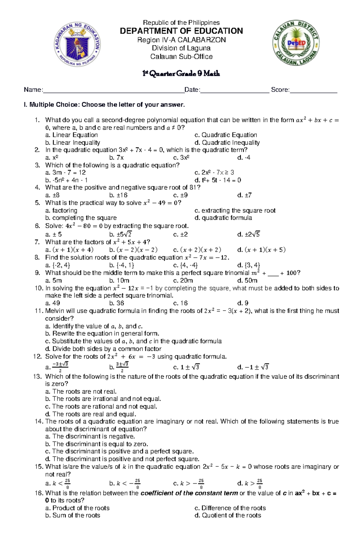 1st Periodical Grade 9Test - Republic of the Philippines DEPARTMENT OF ...
