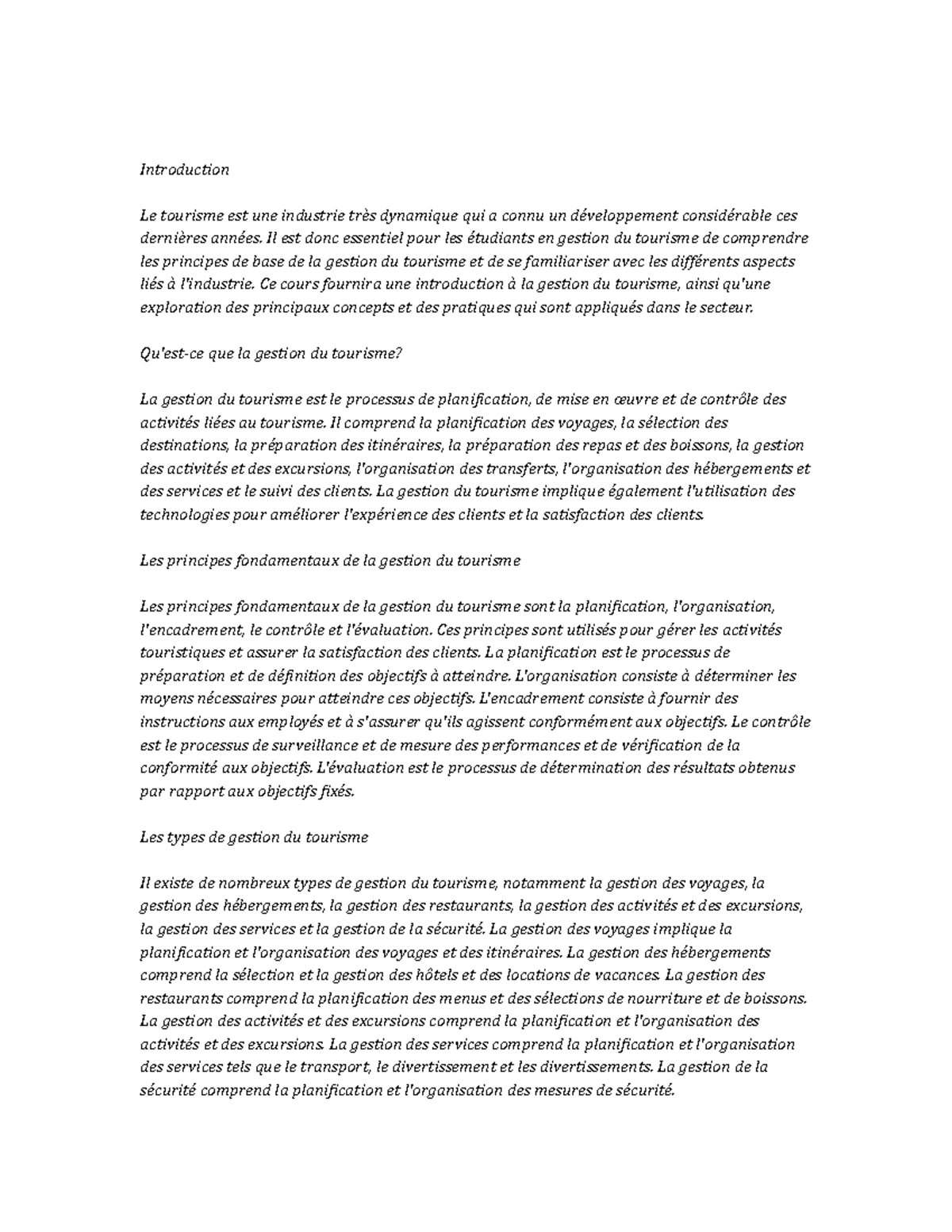 Tourism Management note study - Introduction Le tourisme est une ...